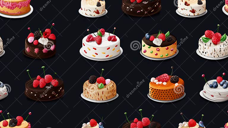 Seamless Pattern with Different Types of Cakes on Dark Background Stock ...