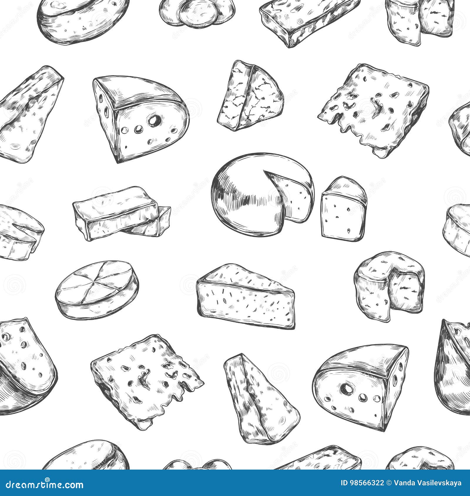 Seamless Pattern with Different Types of Cheese. Vector Hand Drawn ...