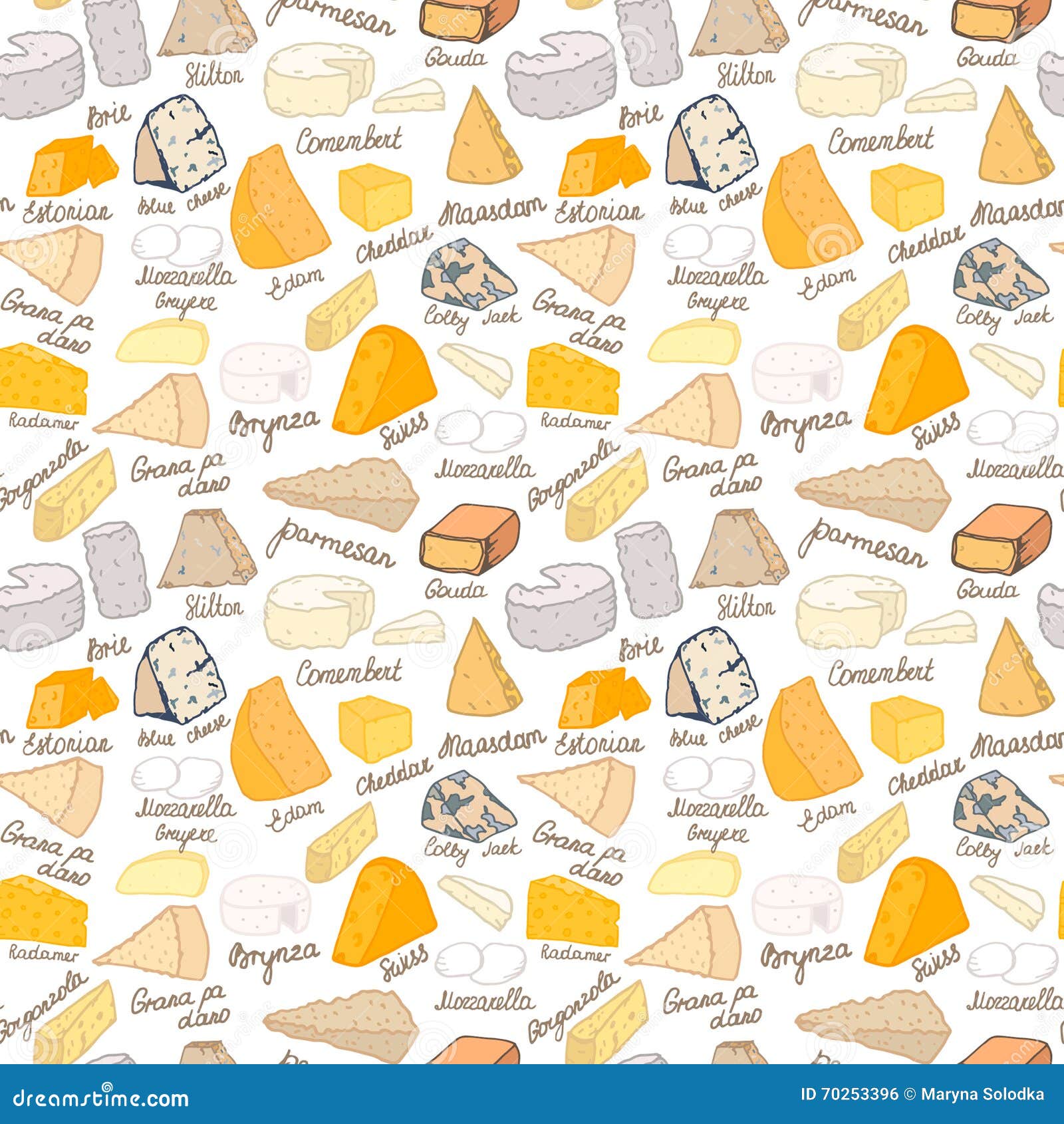 Seamless Pattern with Different Types of Cheese on White Background ...