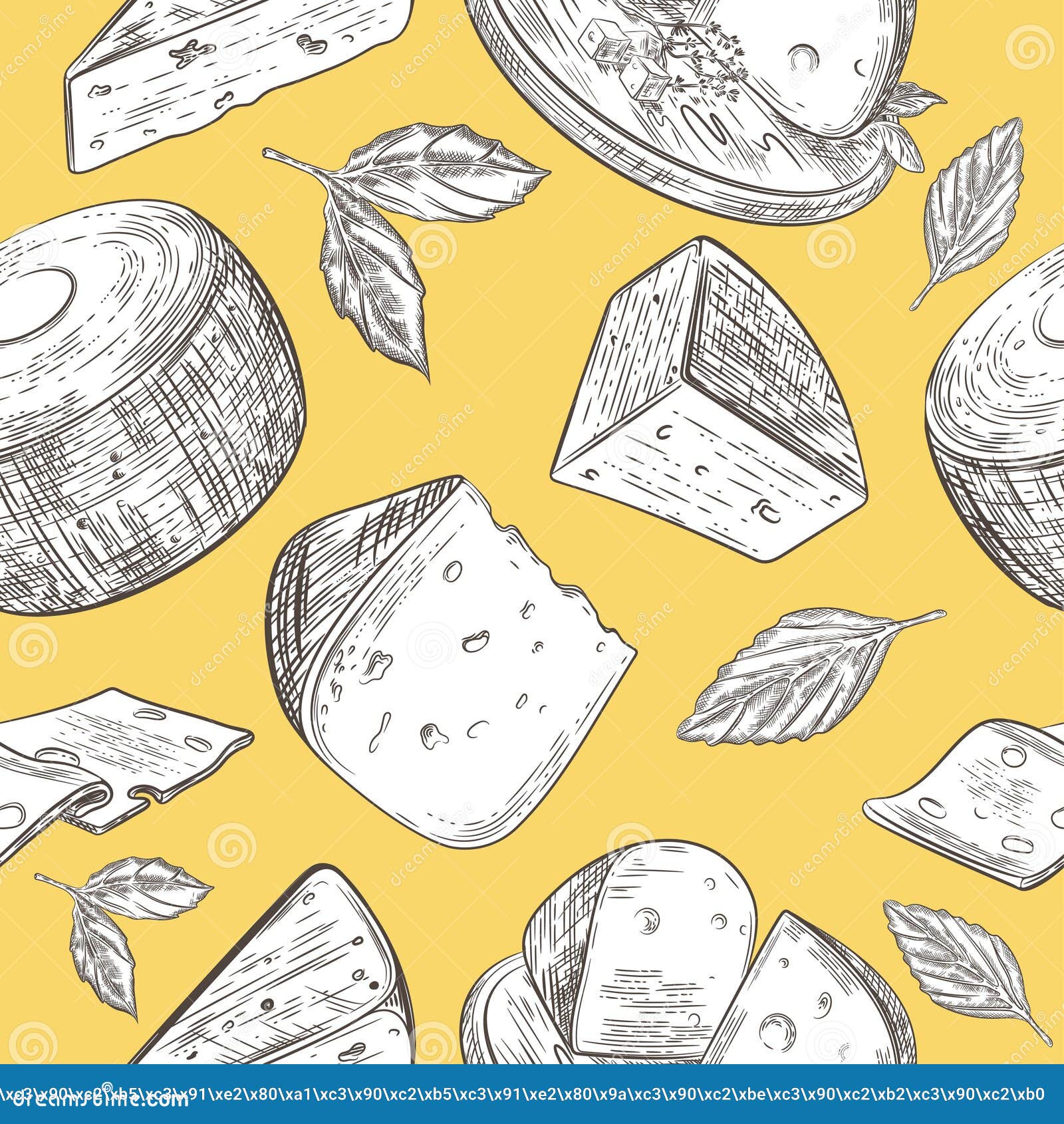 Seamless Pattern with Different Varieties of Cheese. Yellow Background ...