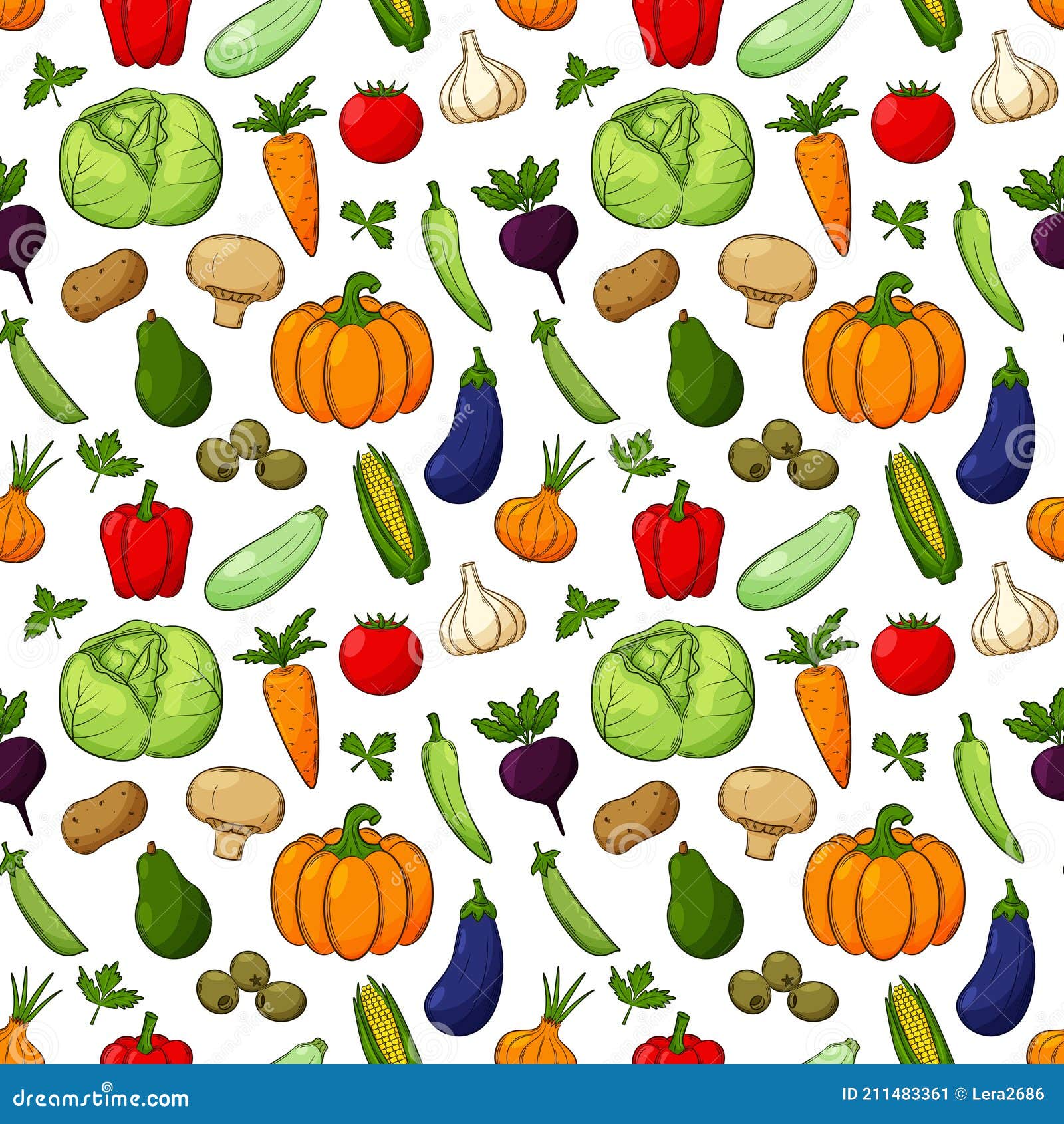 Seamless Pattern with Different Vegetables. Colored Hand-drawn Linear ...