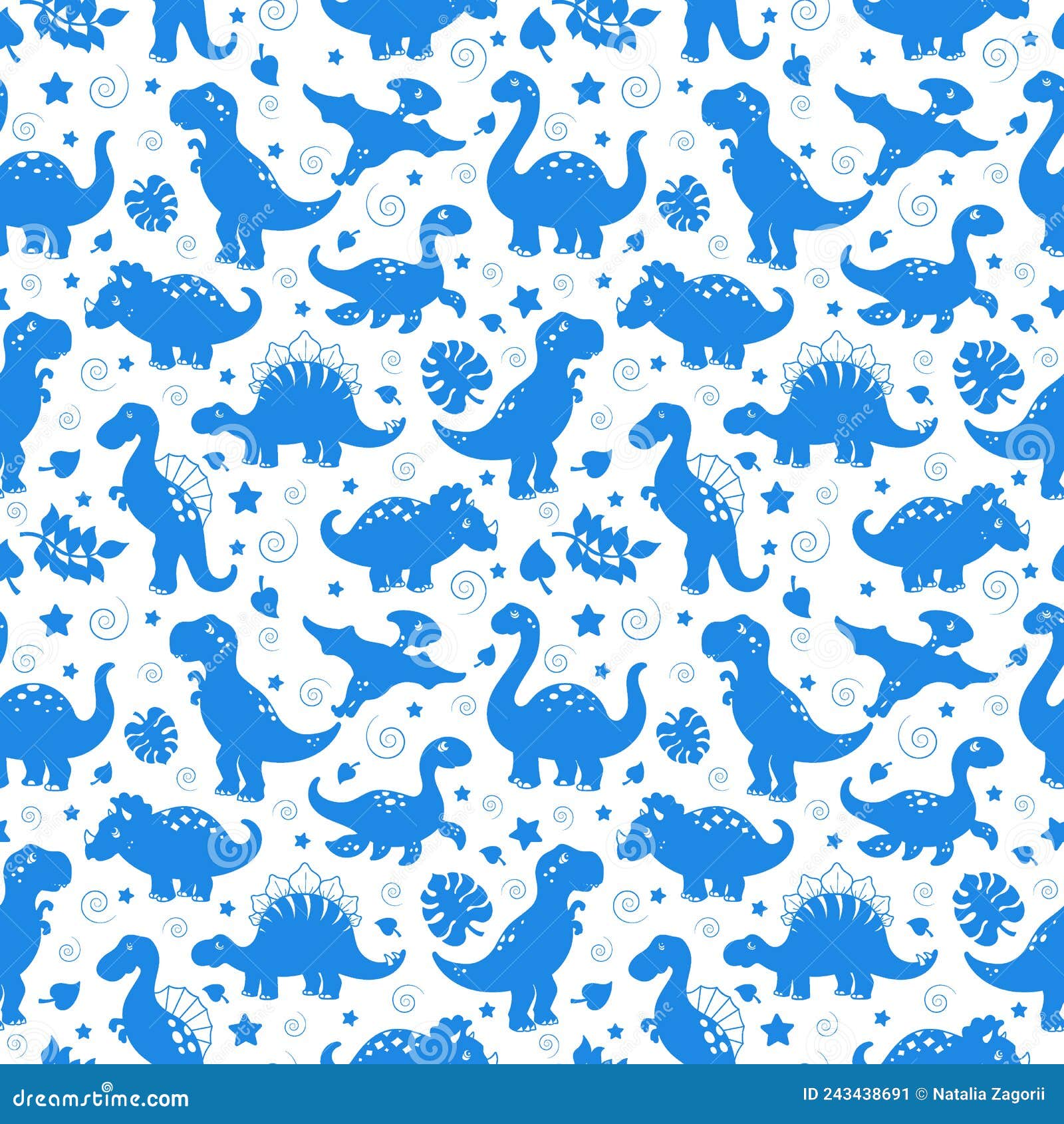 Seamless Illustration with Dinosaurs and Leaves, Simple Blue ...