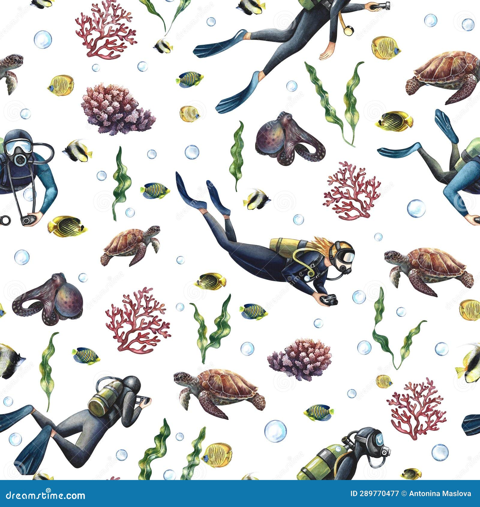 Seamless Pattern with Divers, and Elements of the Underwater World ...