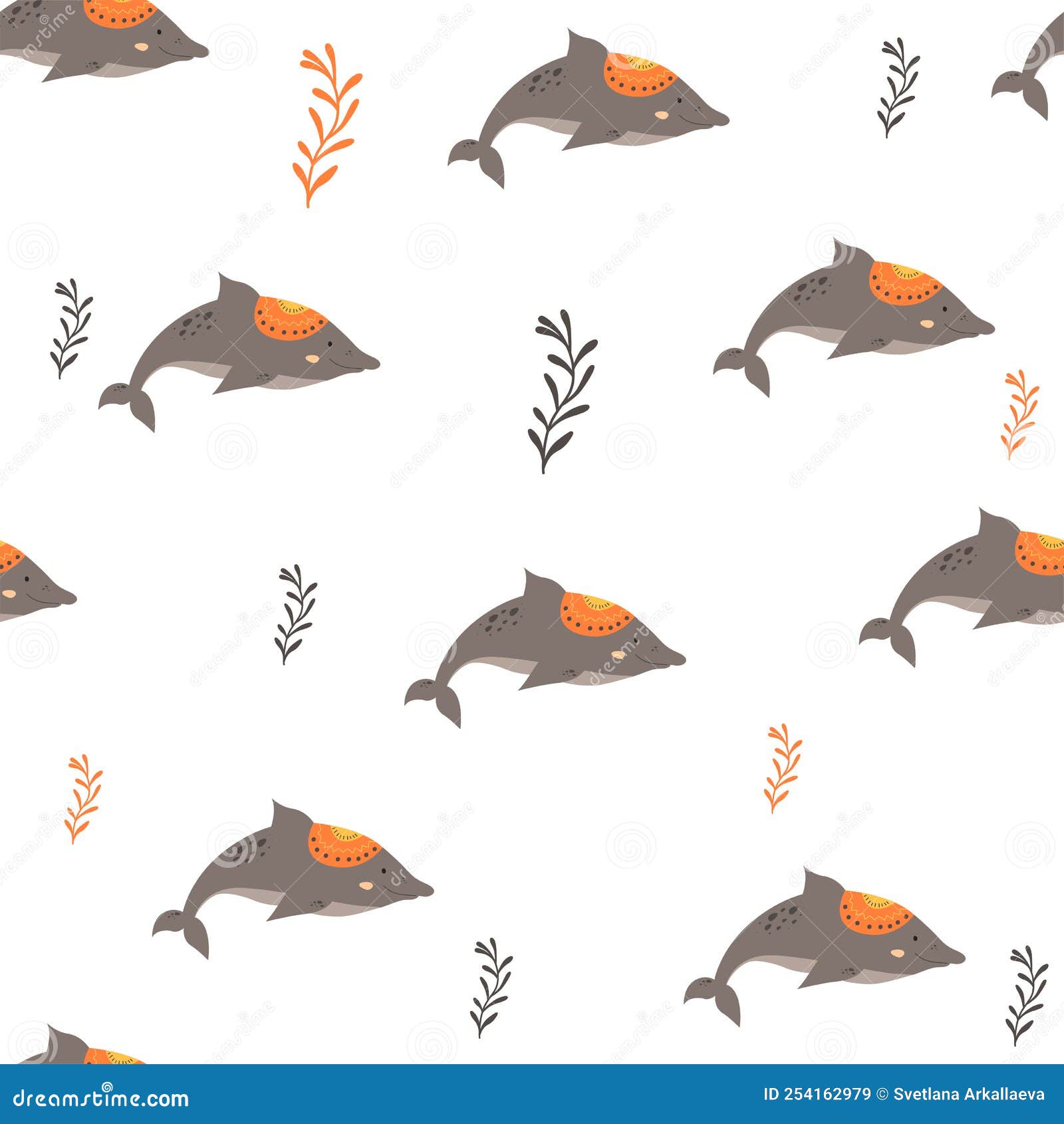 Seamless Pattern with Dolphins in Scandinavian Style. Hand Drawing ...