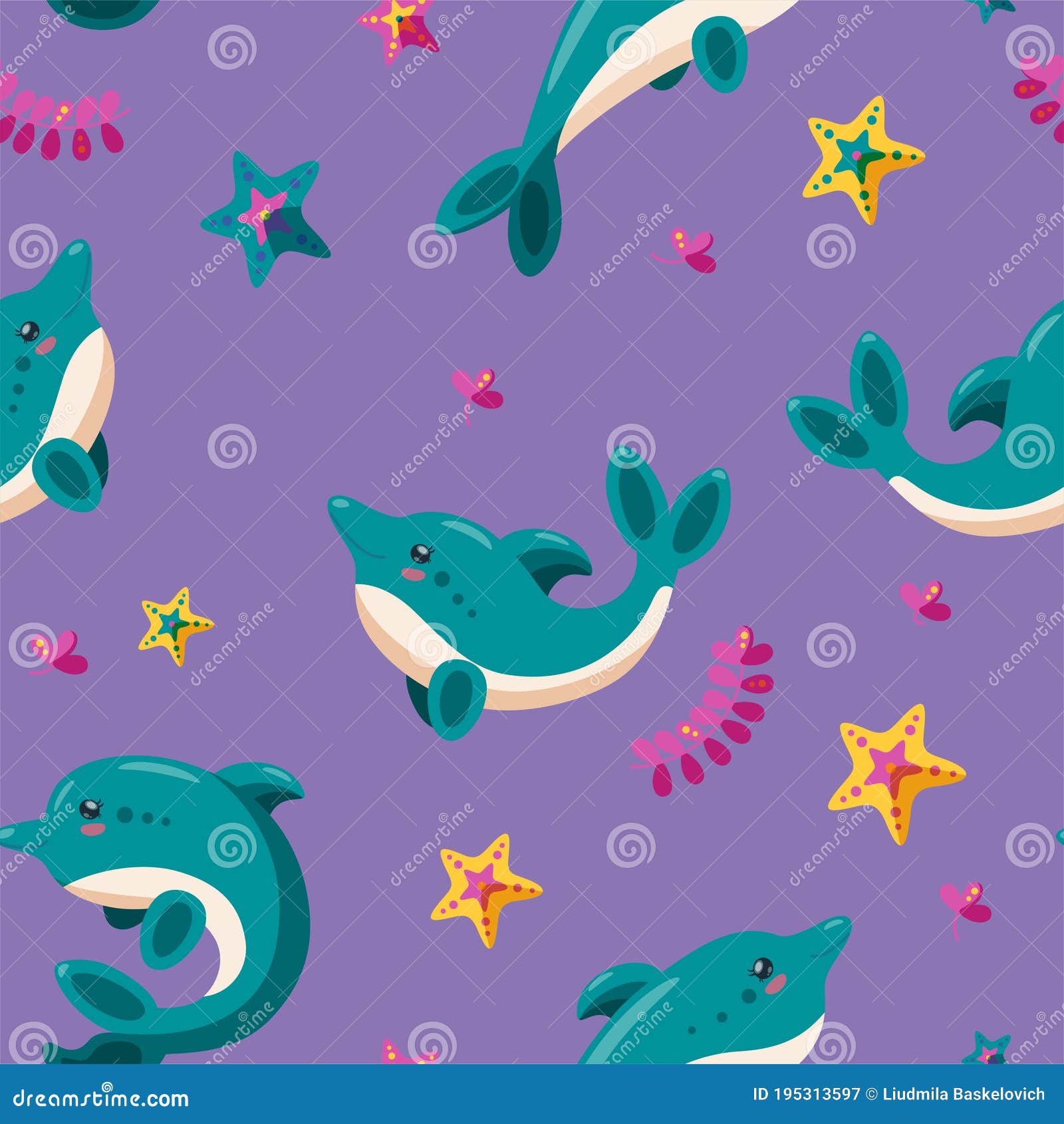 Seamless Pattern with Dolphins, Starfish and Seaweed. Pattern for ...