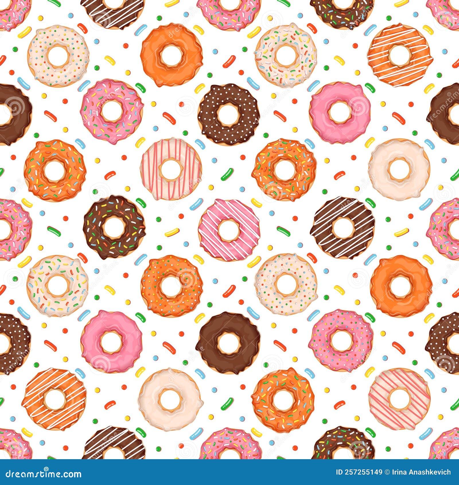 Seamless Pattern with Donuts of Different Flavors and Toppings. Vector ...