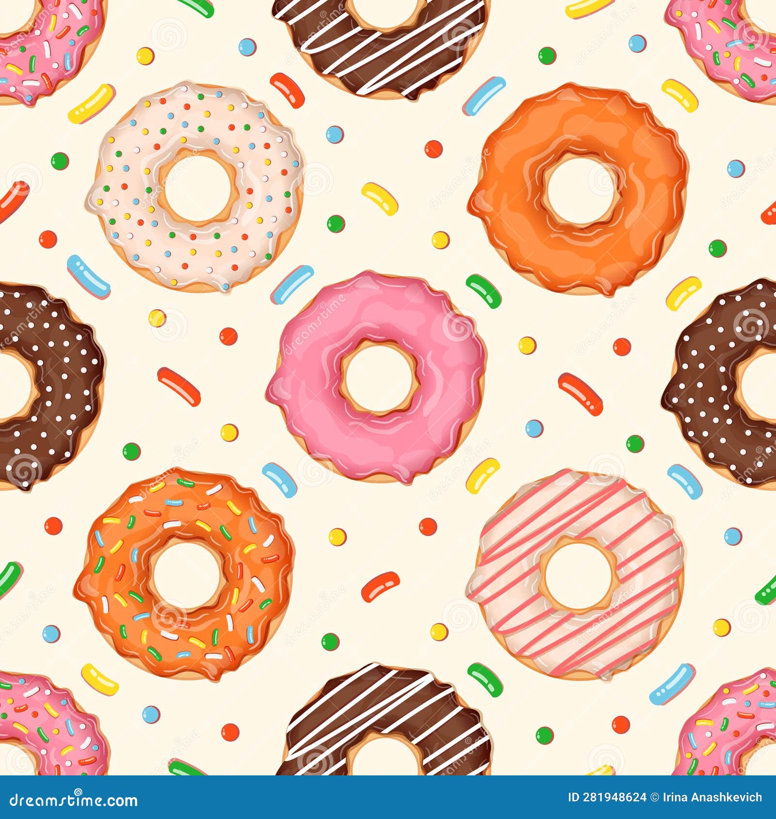 Seamless Pattern with Donuts of Different Flavors and Toppings. Vector ...