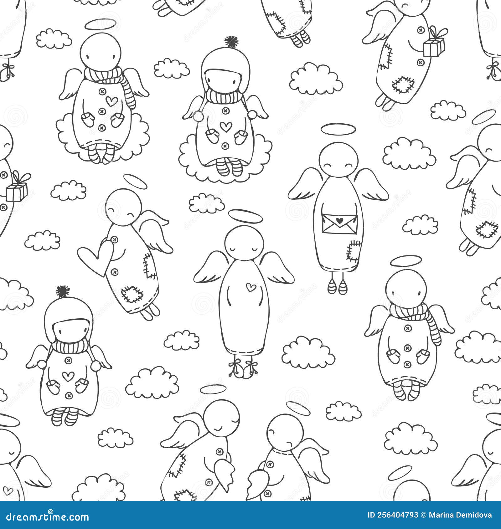 Seamless Pattern with Doodle Angels in the Sky with Clouds and Hearts ...