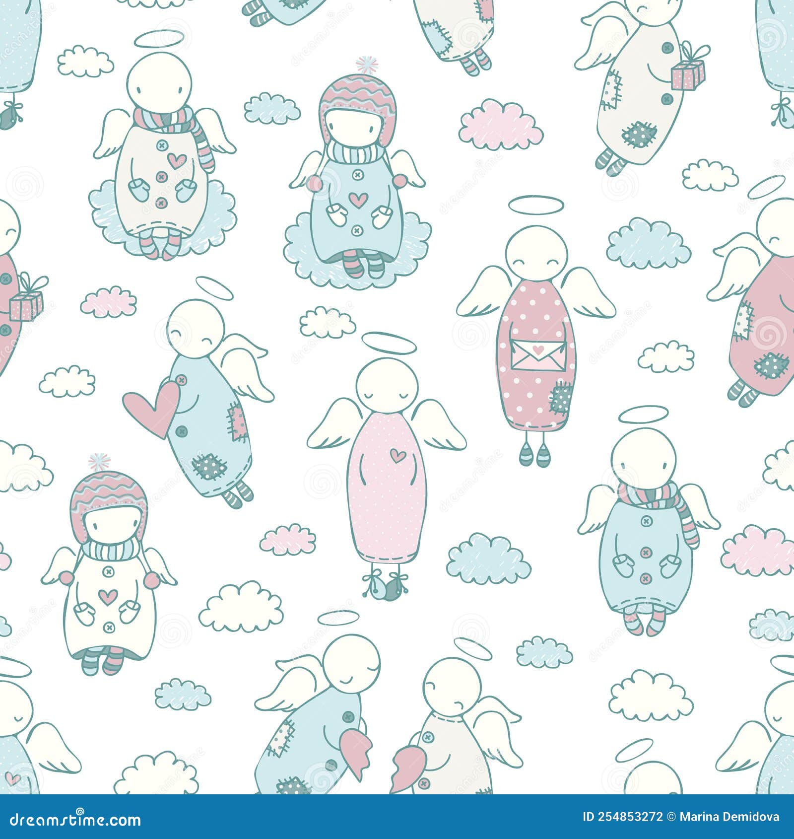 Seamless Pattern with Doodle Angels in the Sky with Clouds and Hearts ...