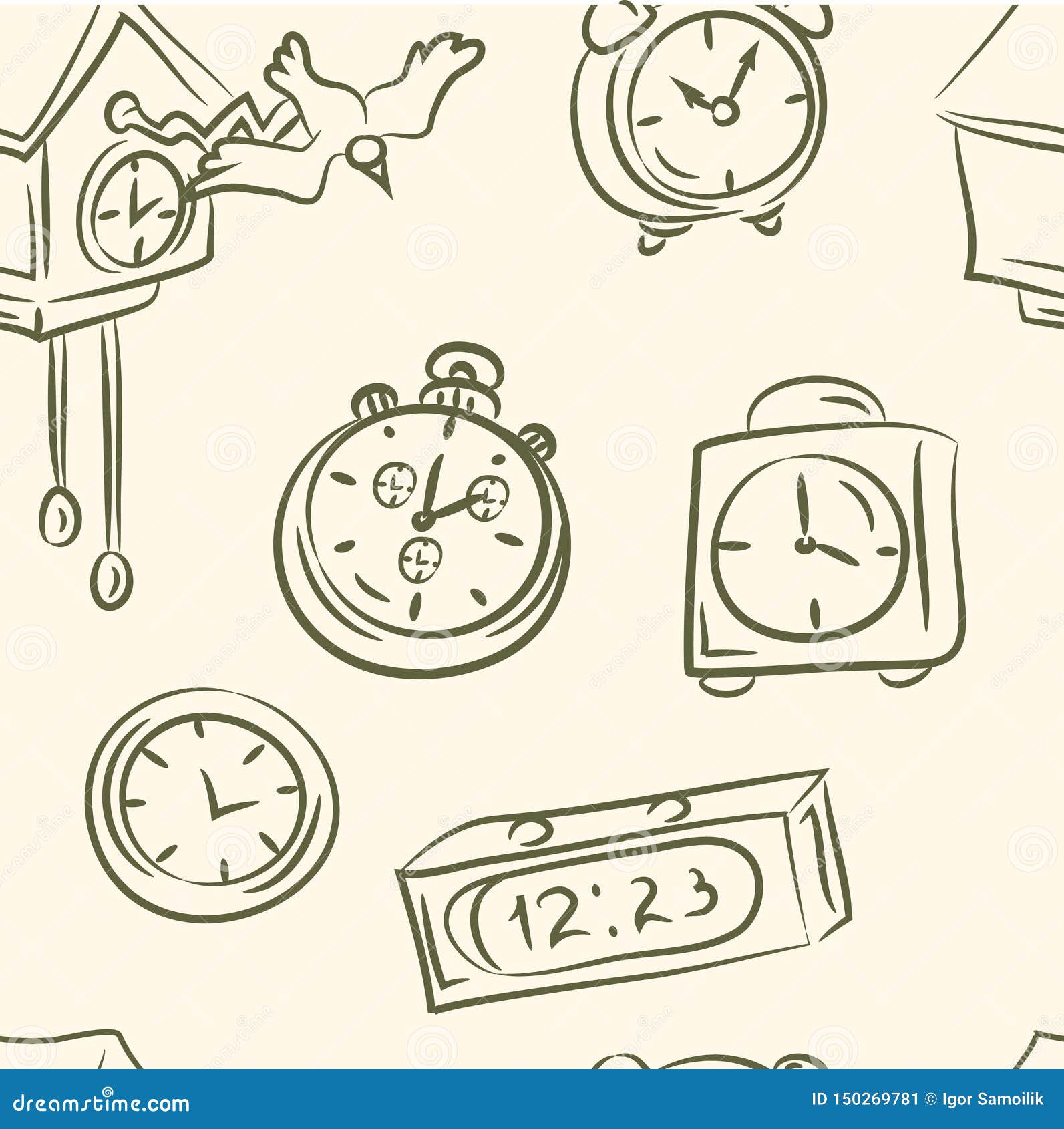 Seamless Pattern. Doodle Clocks Set . Vector Stock Vector ...