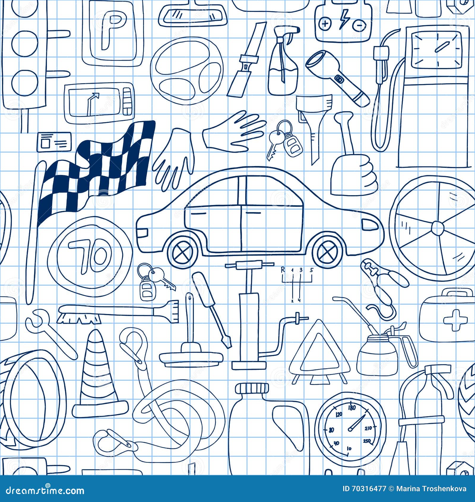 Seamless Pattern with Doodle Icons for Car and Drive in Blue Colors on ...