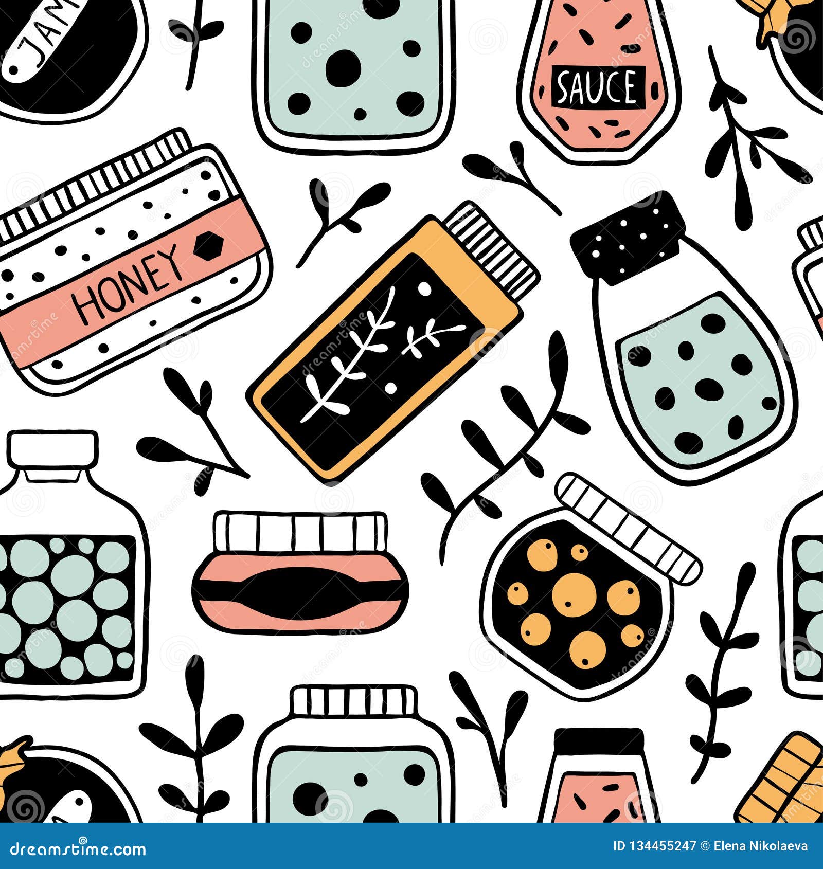 Seamless Pattern with Doodle Jars Stock Vector - Illustration of food ...