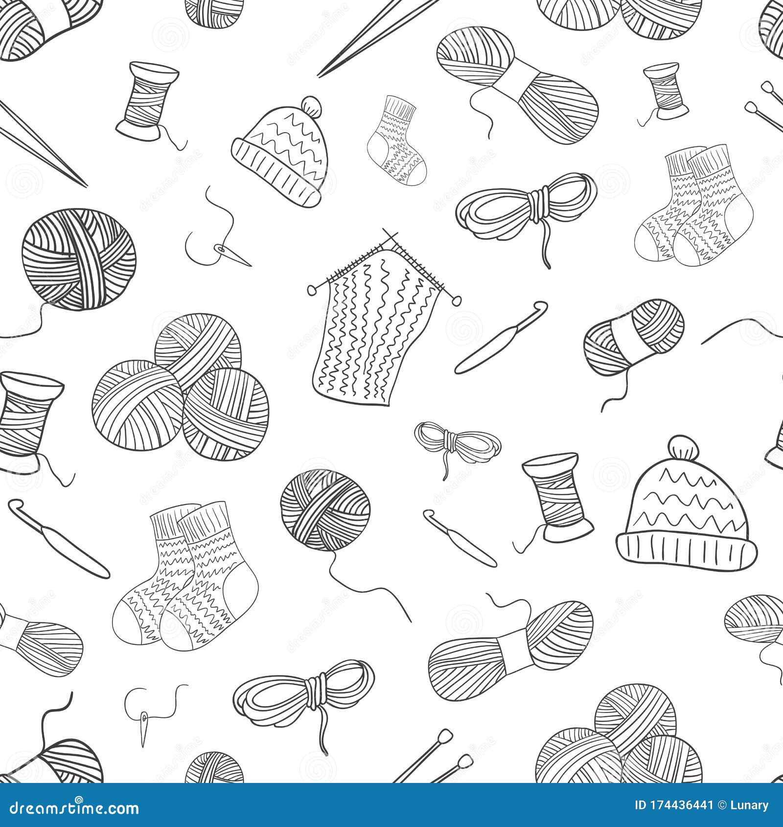 Seamless Pattern Doodle Knitting Icons, Thread, Yarn, Knitting Needles ...