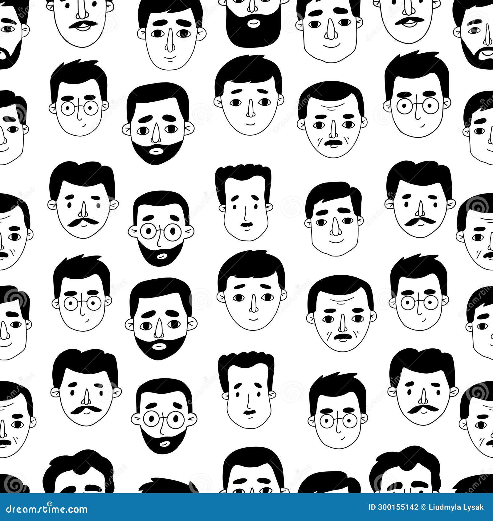 Seamless Pattern of Doodle Men Portraits on White Background. Vector ...