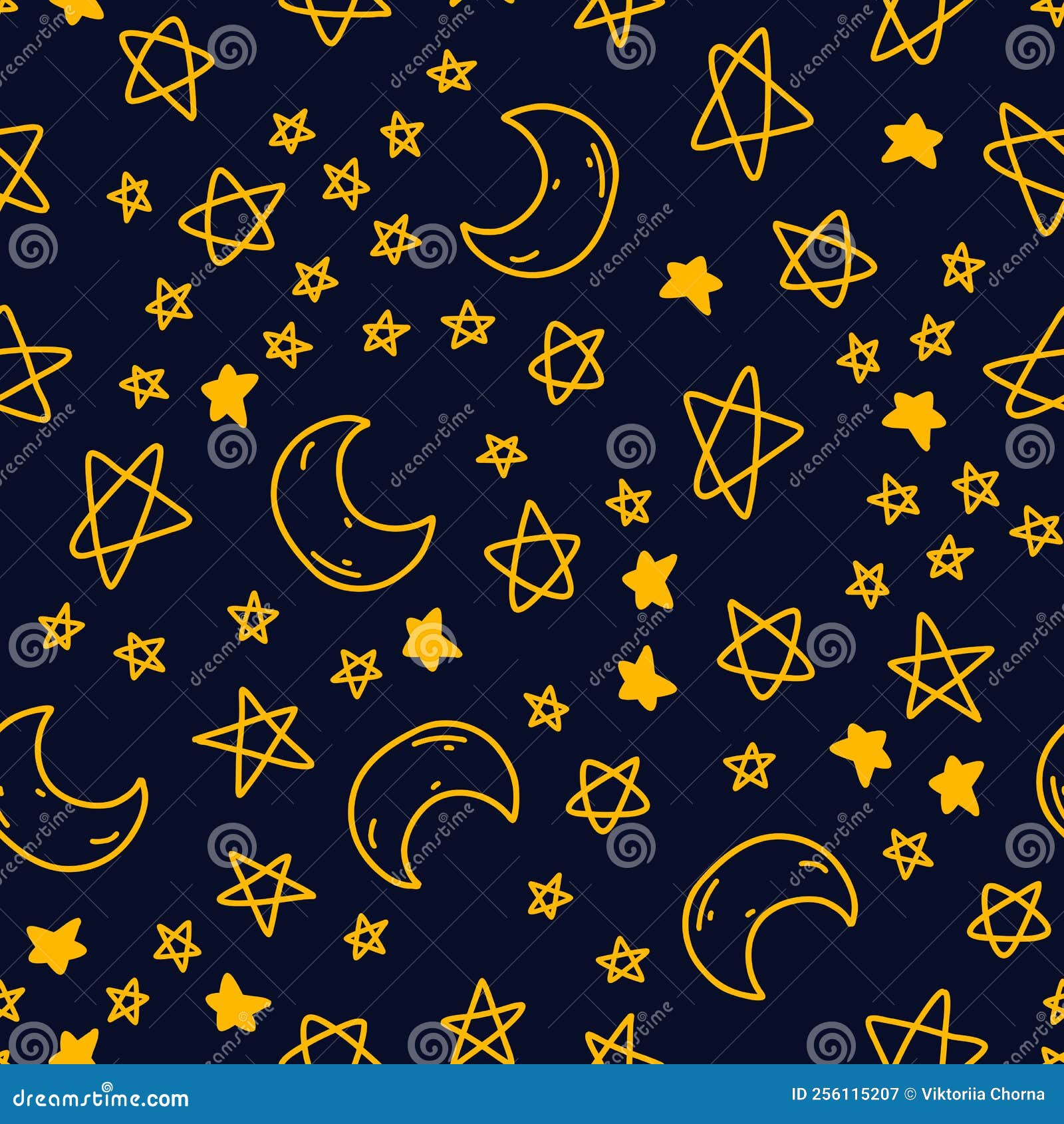 Seamless Pattern with Doodle Moon and Stars in Neon Orange Color on ...