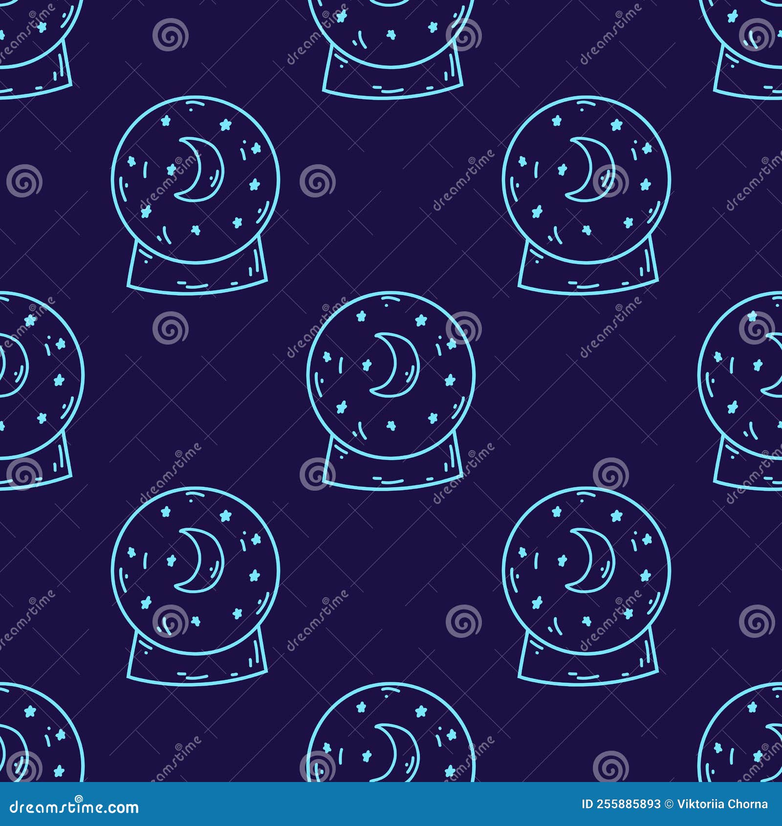 Seamless Pattern with Doodle Neon Blue Magic Ball. Vector Illustration ...