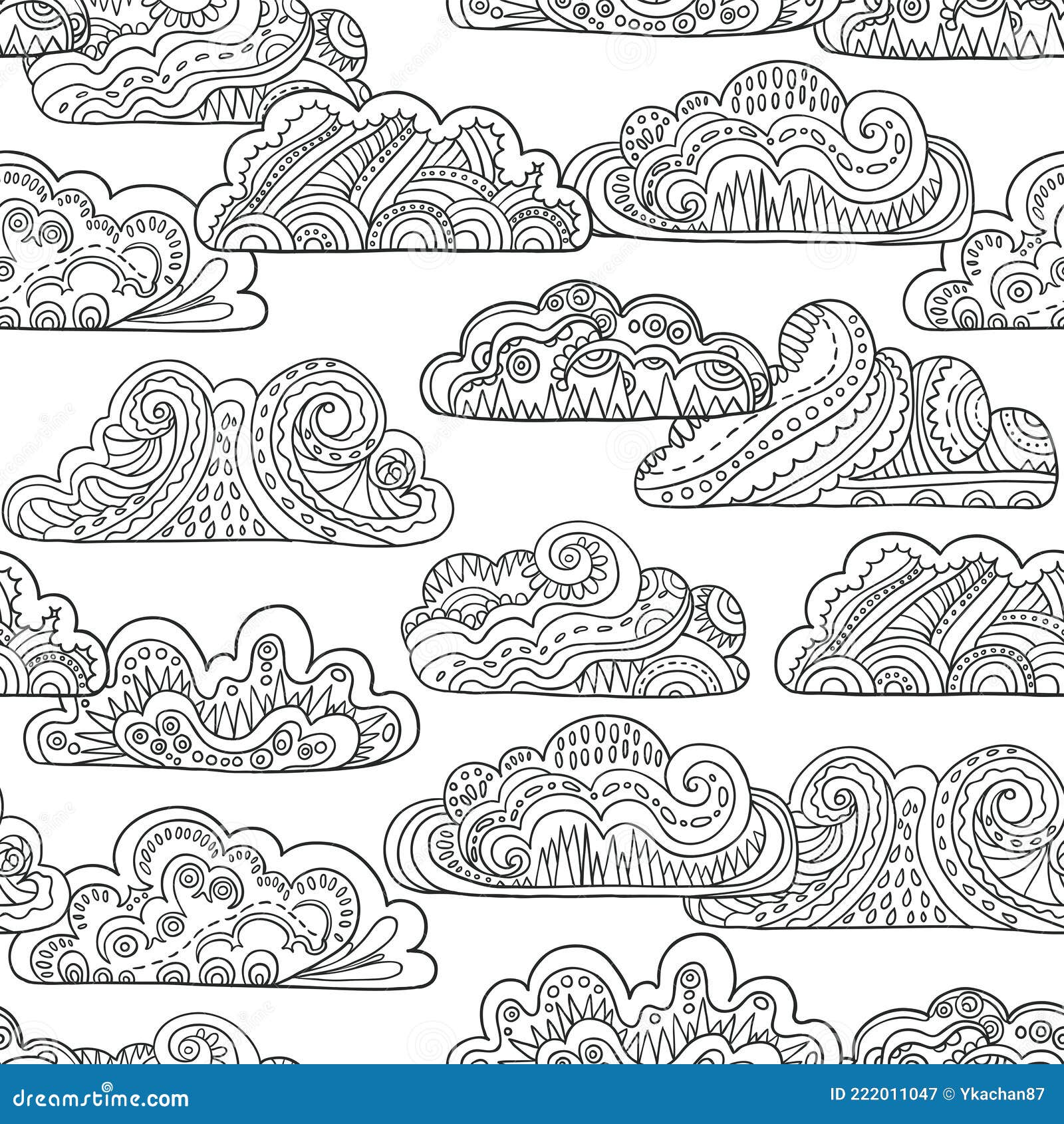 Seamless Pattern with Doodle Ornate Black and White Mandala Clouds ...