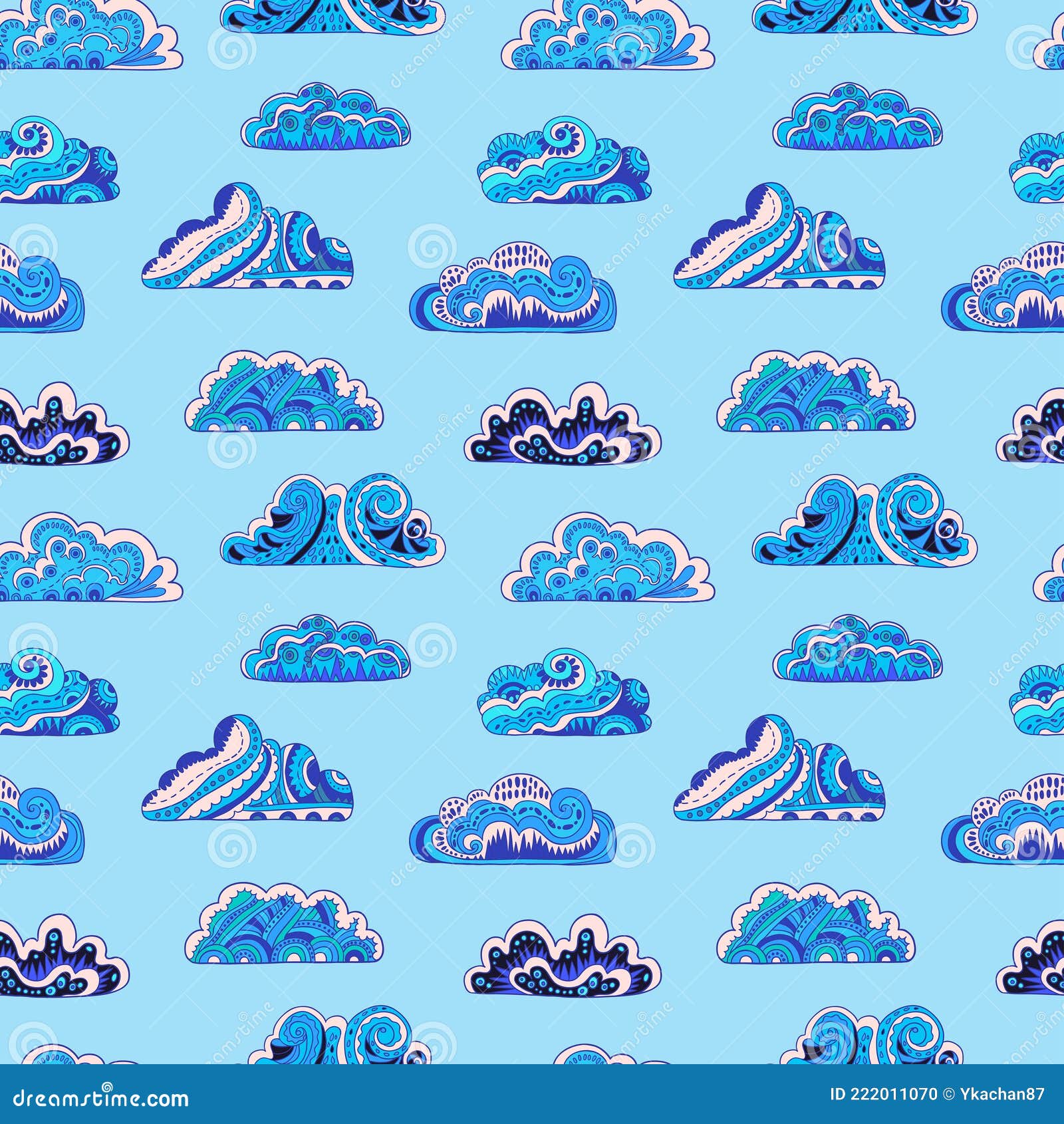 Seamless Pattern with Doodle Ornate Mandala Clouds. Hand Drawn Vector ...