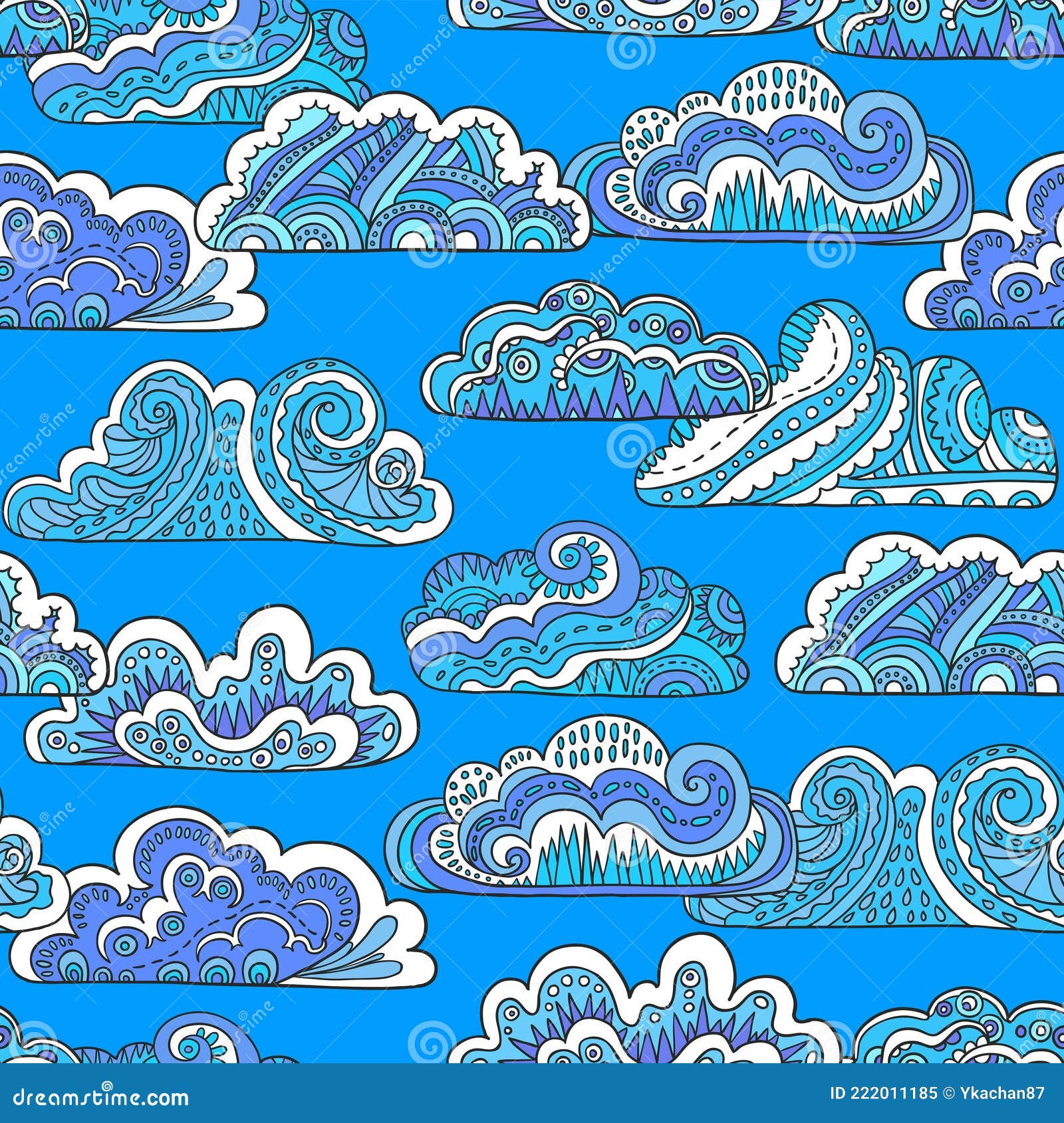 Seamless Pattern with Doodle Ornate Mandala Clouds. Hand Drawn Vector ...
