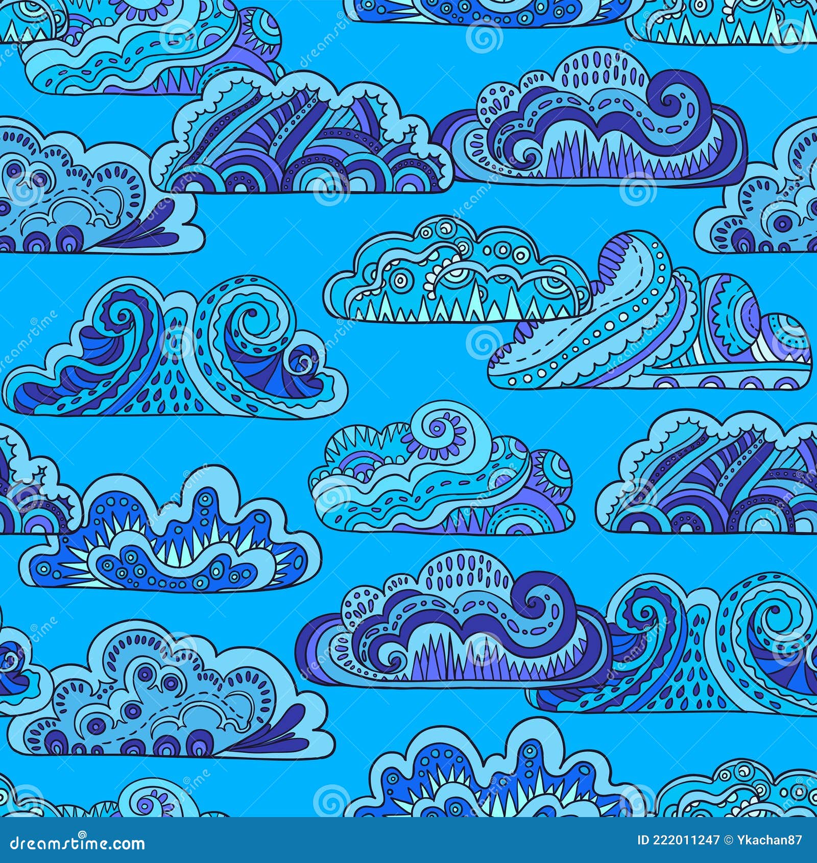 Seamless Pattern with Doodle Ornate Mandala Clouds. Hand Drawn Vector ...