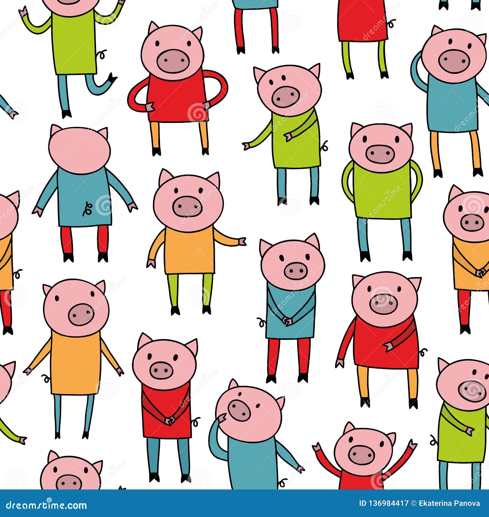 Seamless Pattern with Doodle Pigs in Colorful Clothes. Stock Vector ...