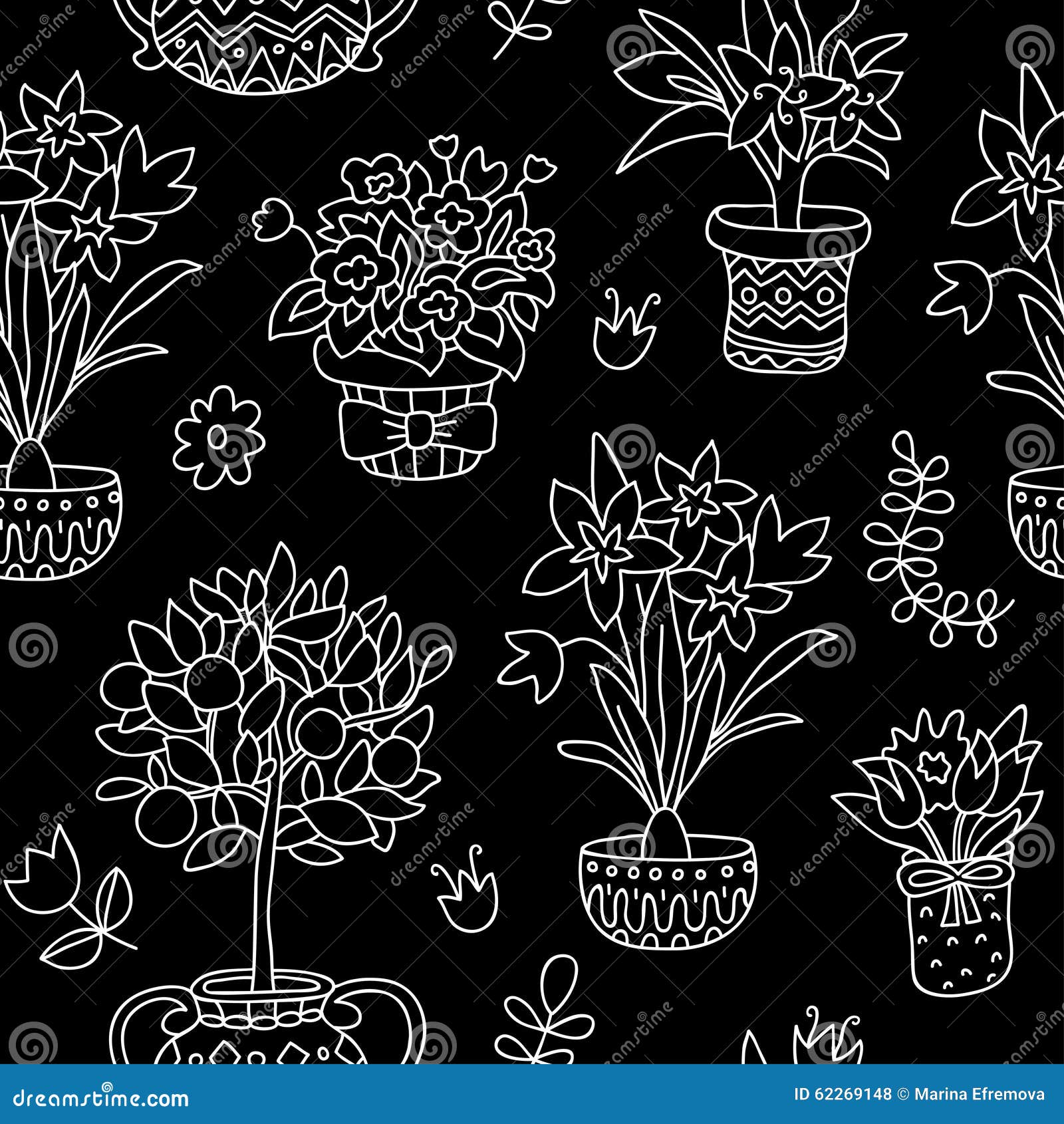 Seamless Pattern Doodle Plants in Pots, Floral Background. Stock Vector ...