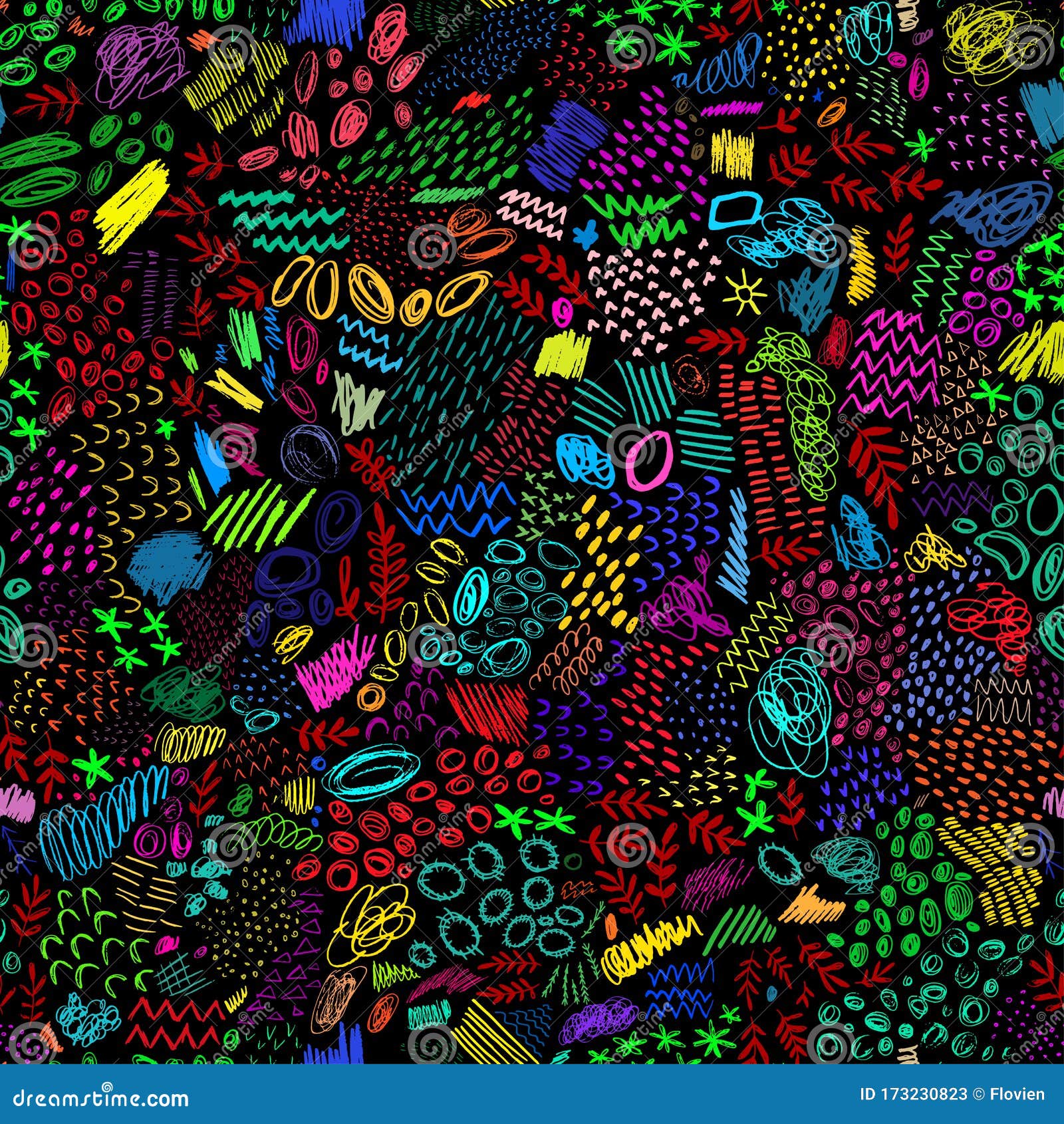 Seamless Pattern in Doodle Style. Scribble Colored Markers on a Black ...