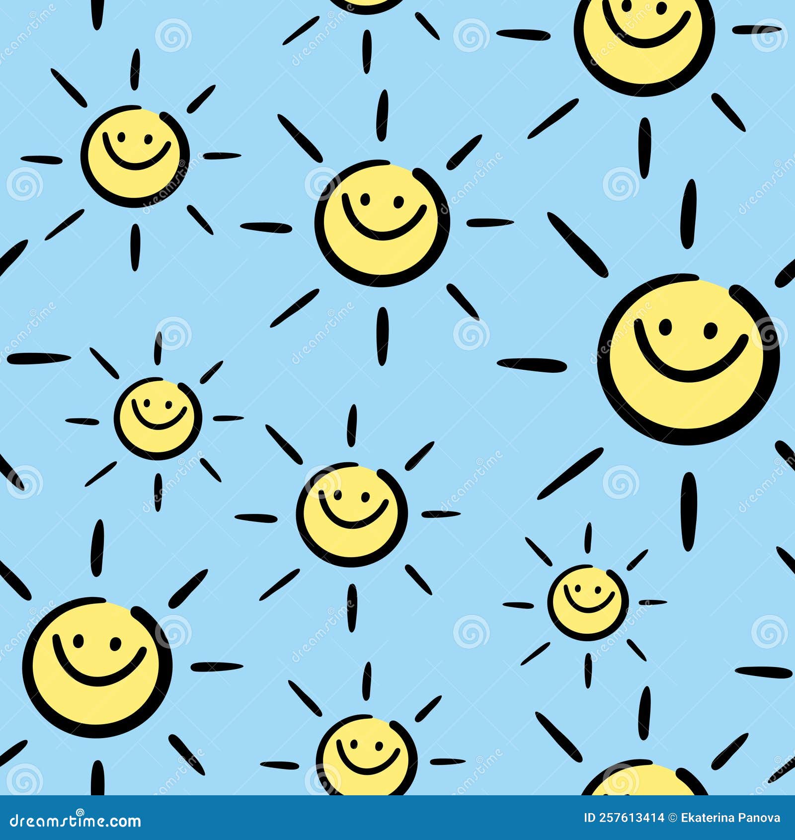 Seamless Pattern with Doodle Sun on the Blue Sky Background. Stock Vector - Illustration of ...