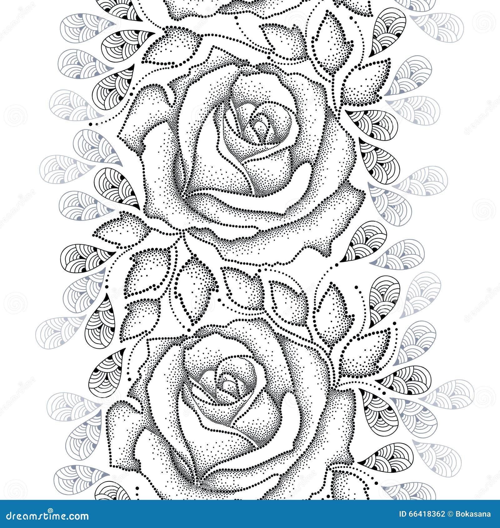 Seamless Pattern with Dotted Black Roses, Leaves and Stylized Gray ...