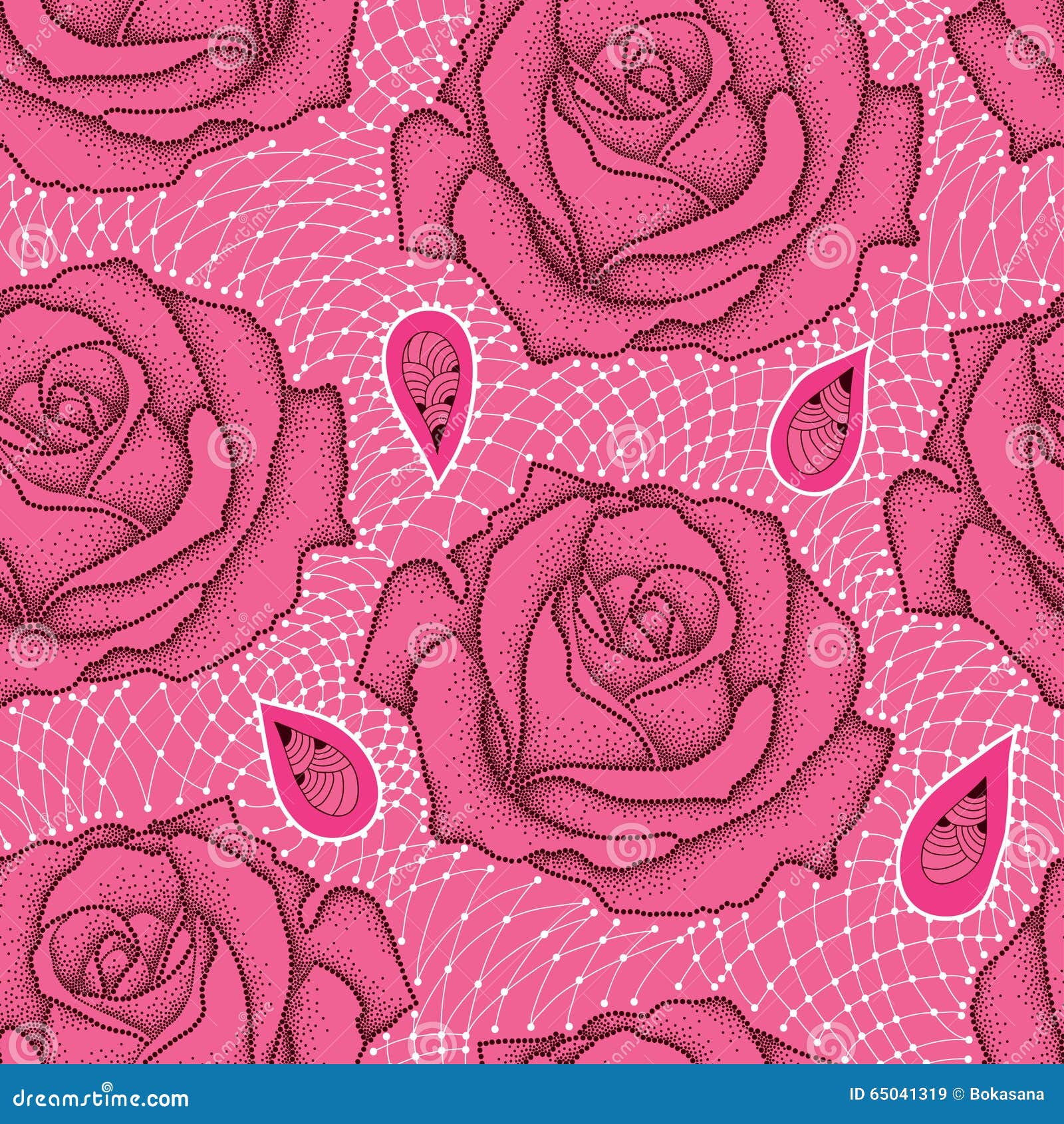 Seamless Pattern with Dotted Rose Flower in Black and Decorative Lace ...