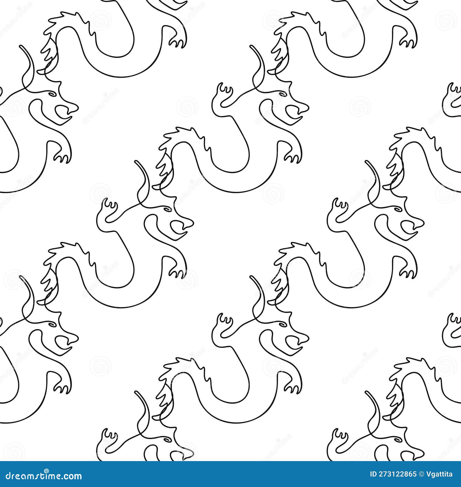 Seamless Pattern with Dragon Illustration in Line Art Style on a White ...