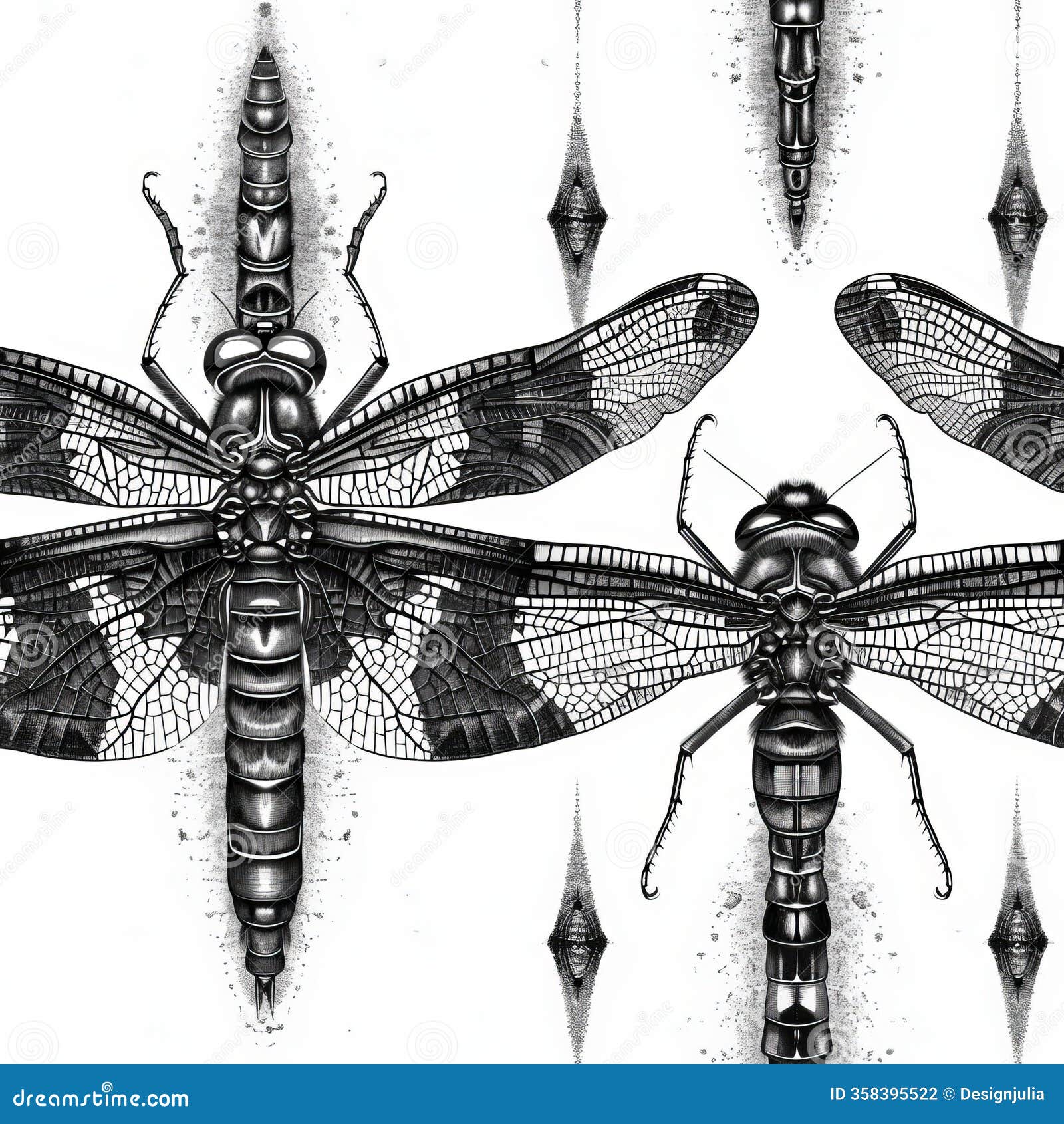Seamless Pattern, Dragonflies with Spread Wings, Black Contours, Lines ...