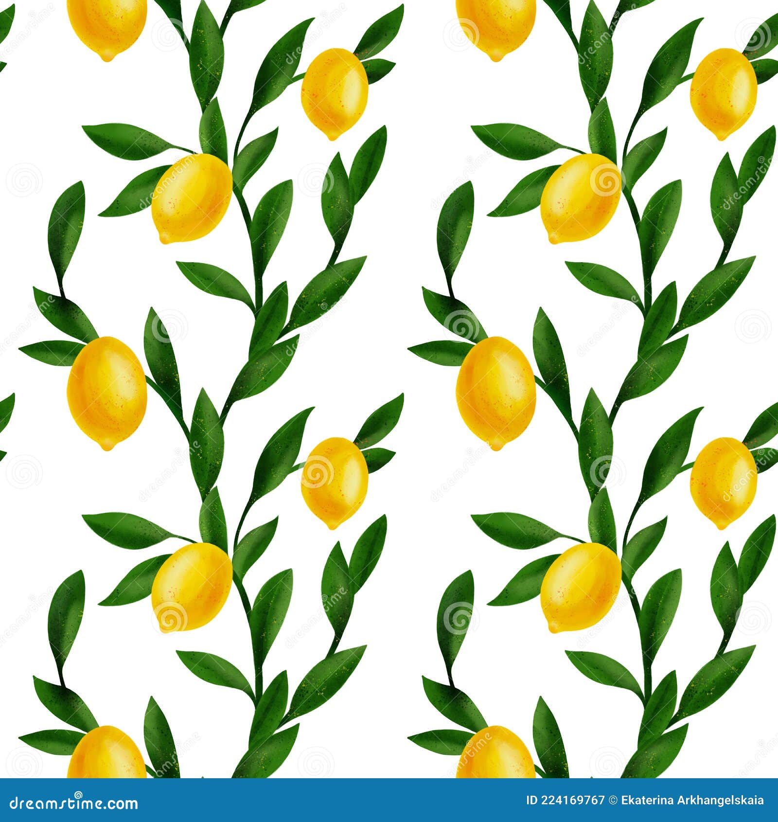 Seamless Pattern with Drawing Branches of Lemon Tree with Fruits and ...