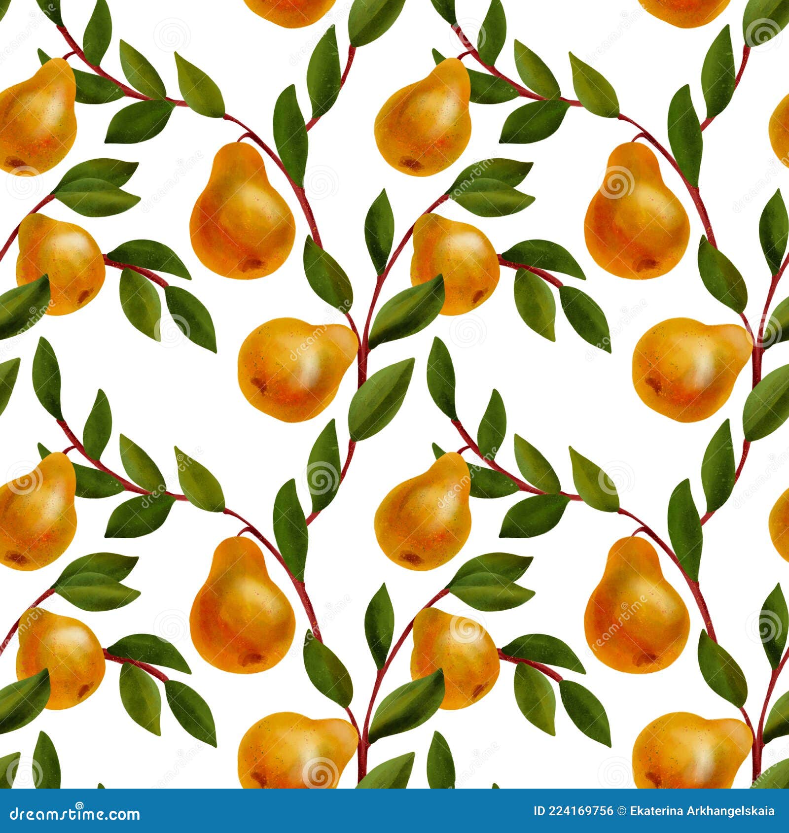 Seamless Pattern with Drawing Branches of Pear Tree with Fruits and ...