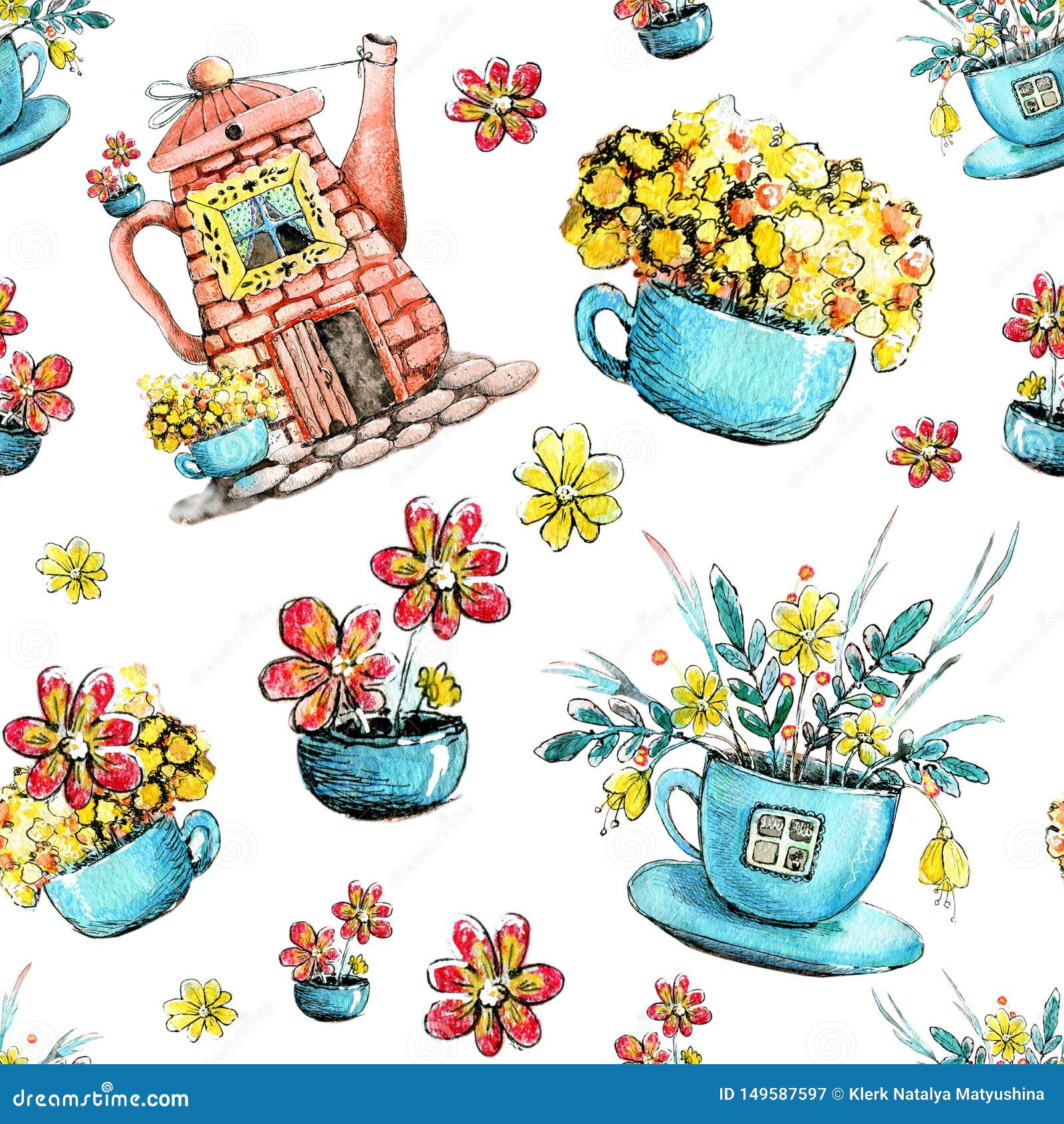 Seamless Pattern, Drawing Watercolor with the Image of the House in the ...