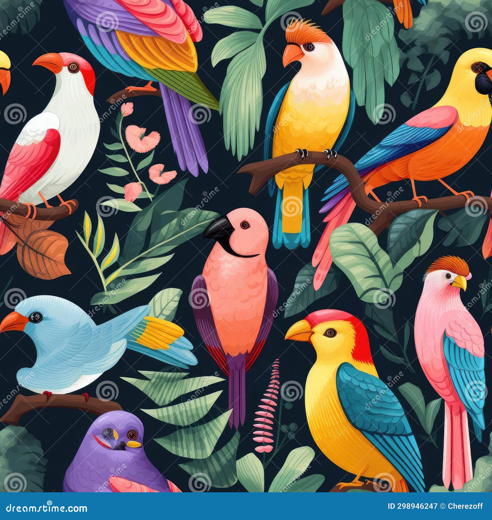 Pattern of drawn birds stock image. Image of blossom - 298946247