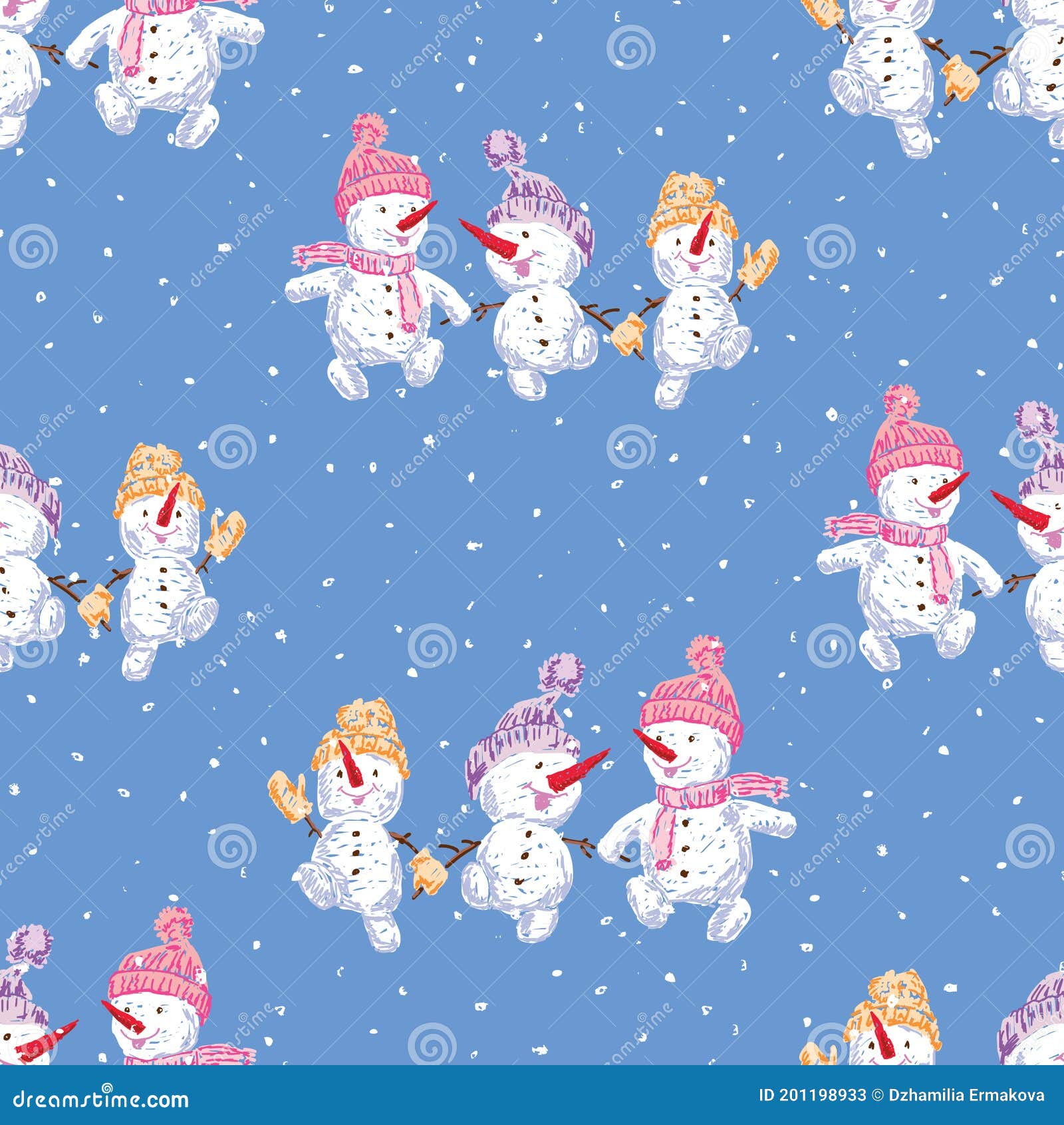 Seamless Pattern of Drawn Cheerful Running Snowmen in December Stock ...