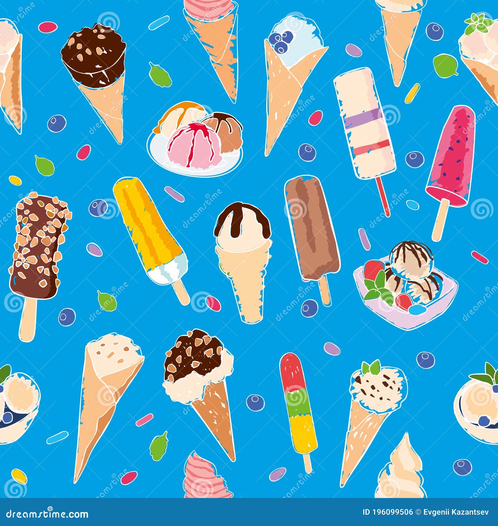 Seamless Pattern. Drawn Different Varieties of Ice Cream on a Blue ...
