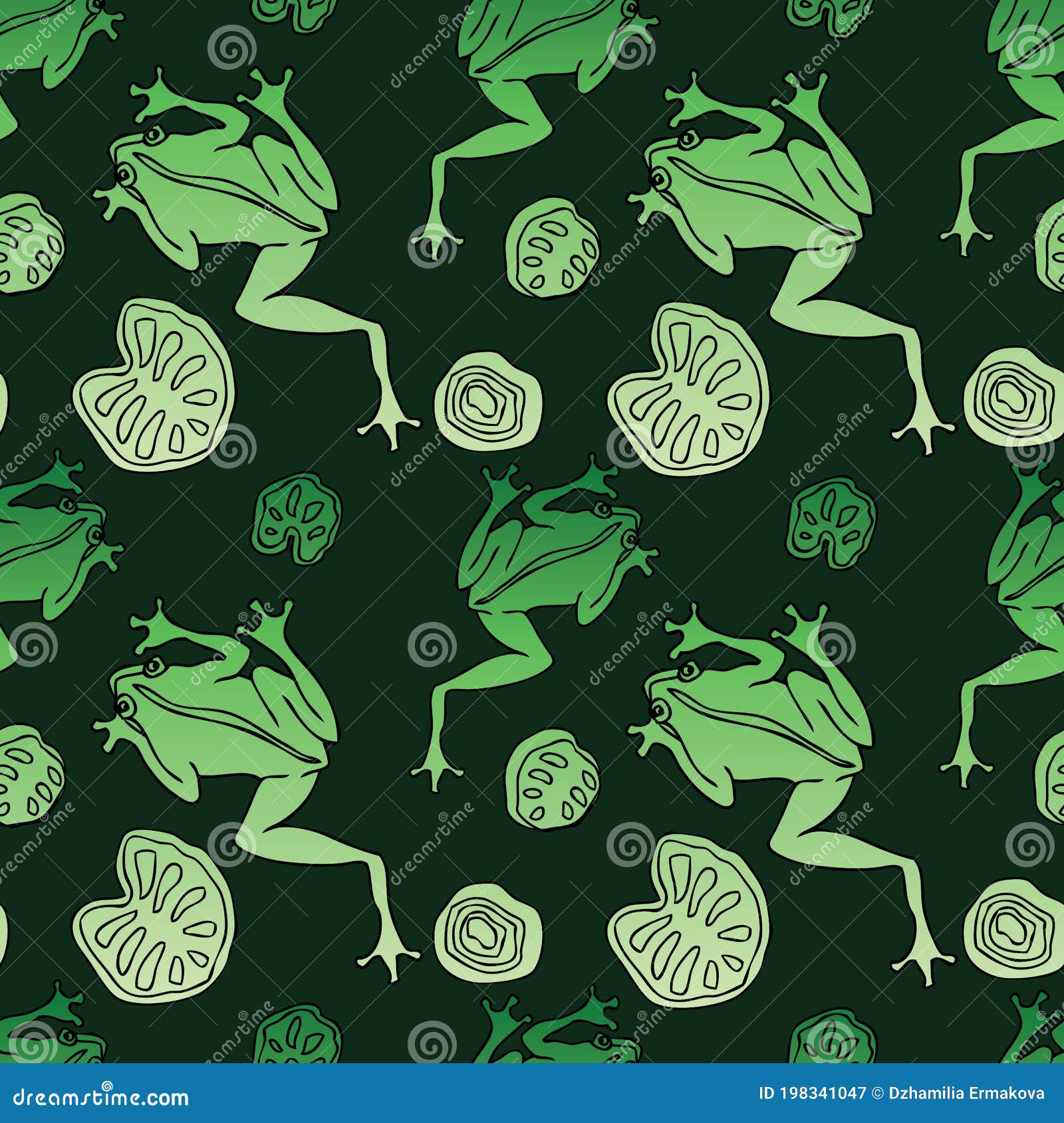 Seamless Pattern of Drawn Green Frogs and Leaves Stock Vector ...