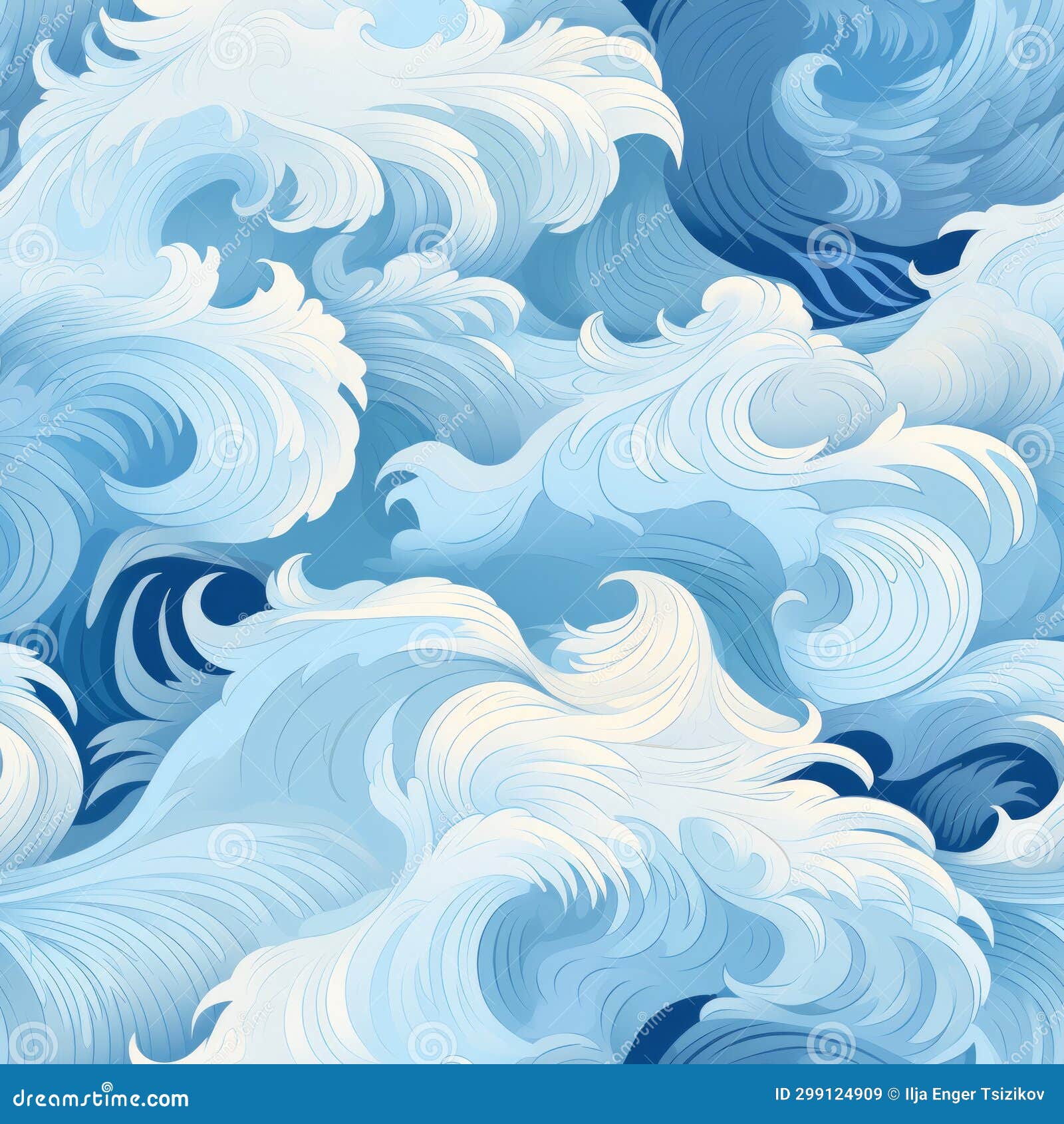 Seamless Pattern Drawn Waves and Curls on White and Light Blue Solid ...