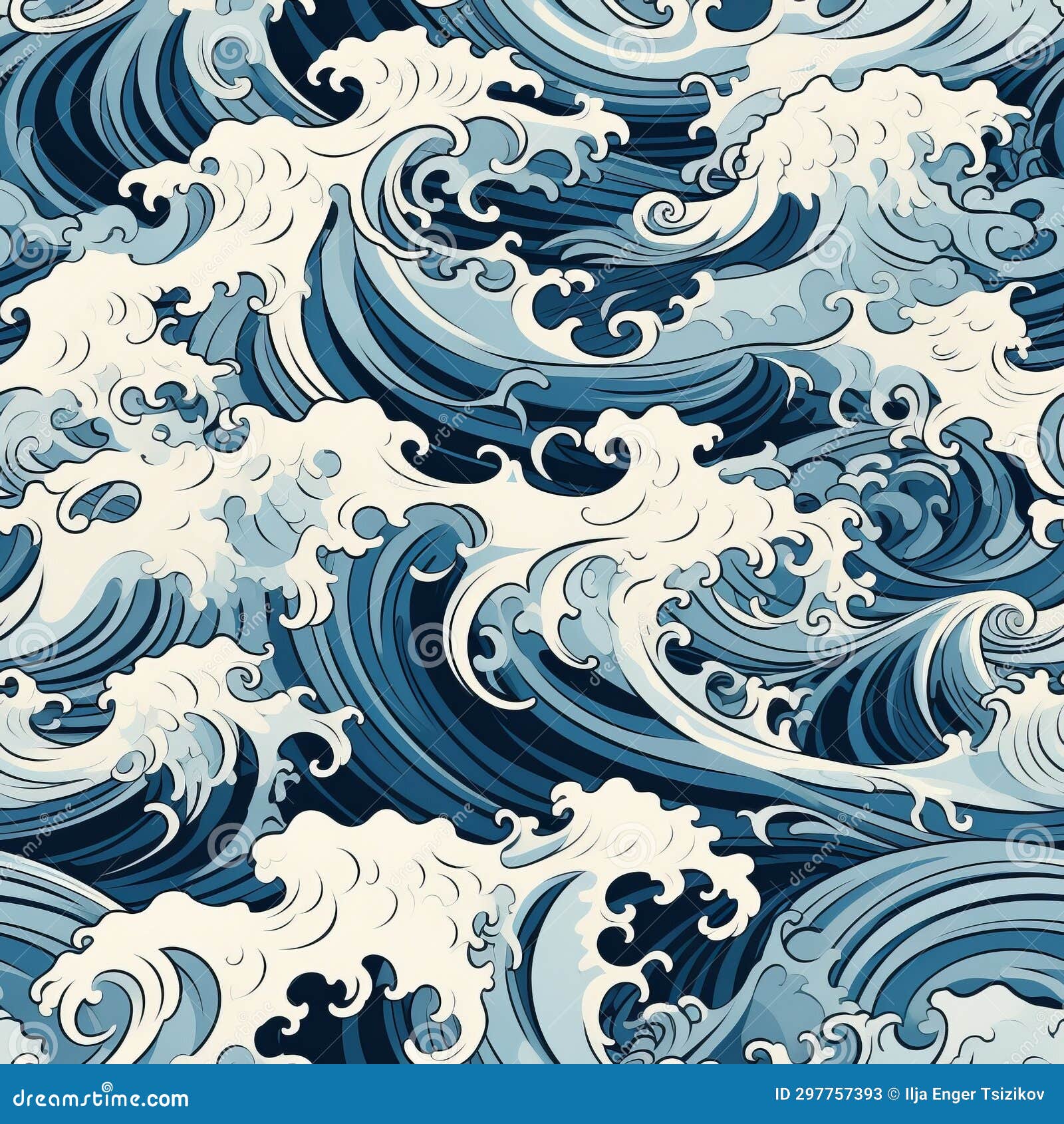 Seamless Pattern Drawn Waves and Curls on White and Light Blue Solid ...