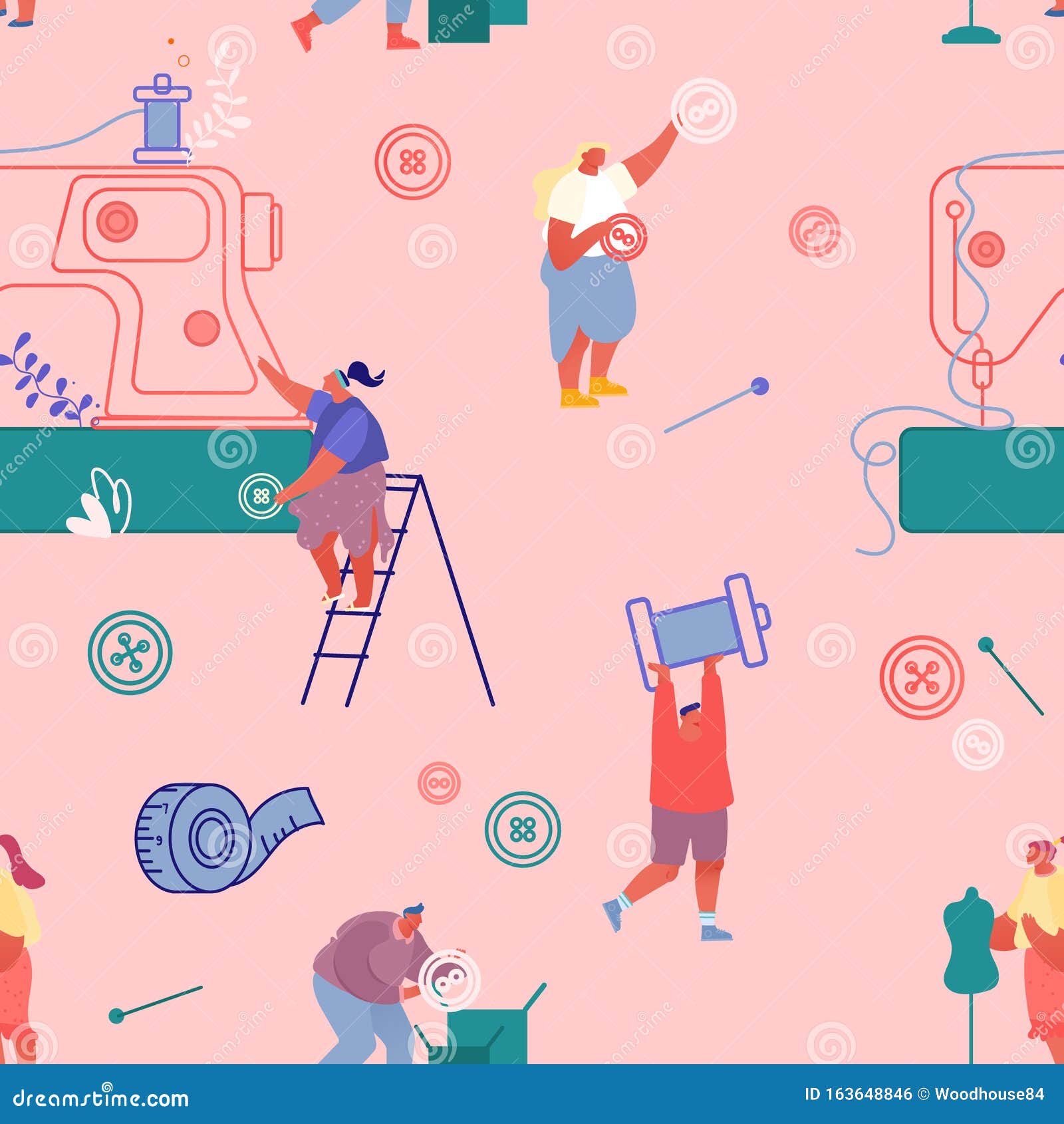 Seamless Pattern Dressmakers Create Outfit and Apparel on Sewing ...