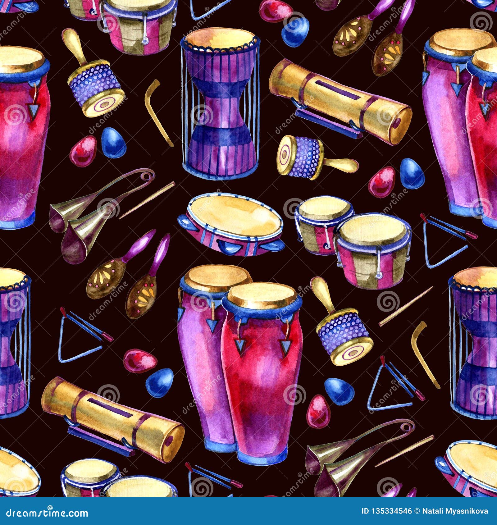 Seamless Pattern with Drums with Splashes in Watercolor Style and ...