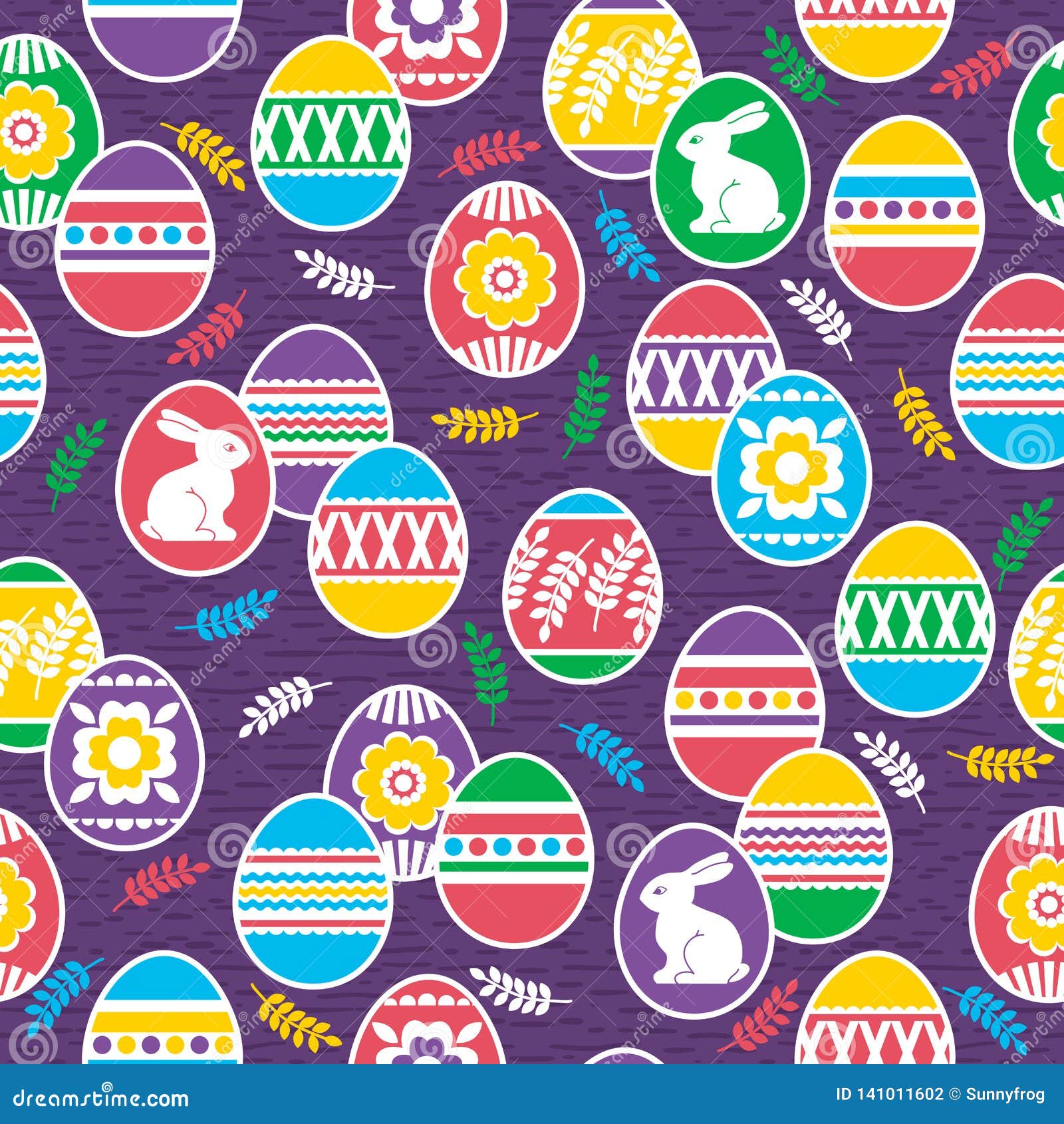 Seamless Pattern with Easter Eggs, Flowers, Leafs and Rabbits Over ...
