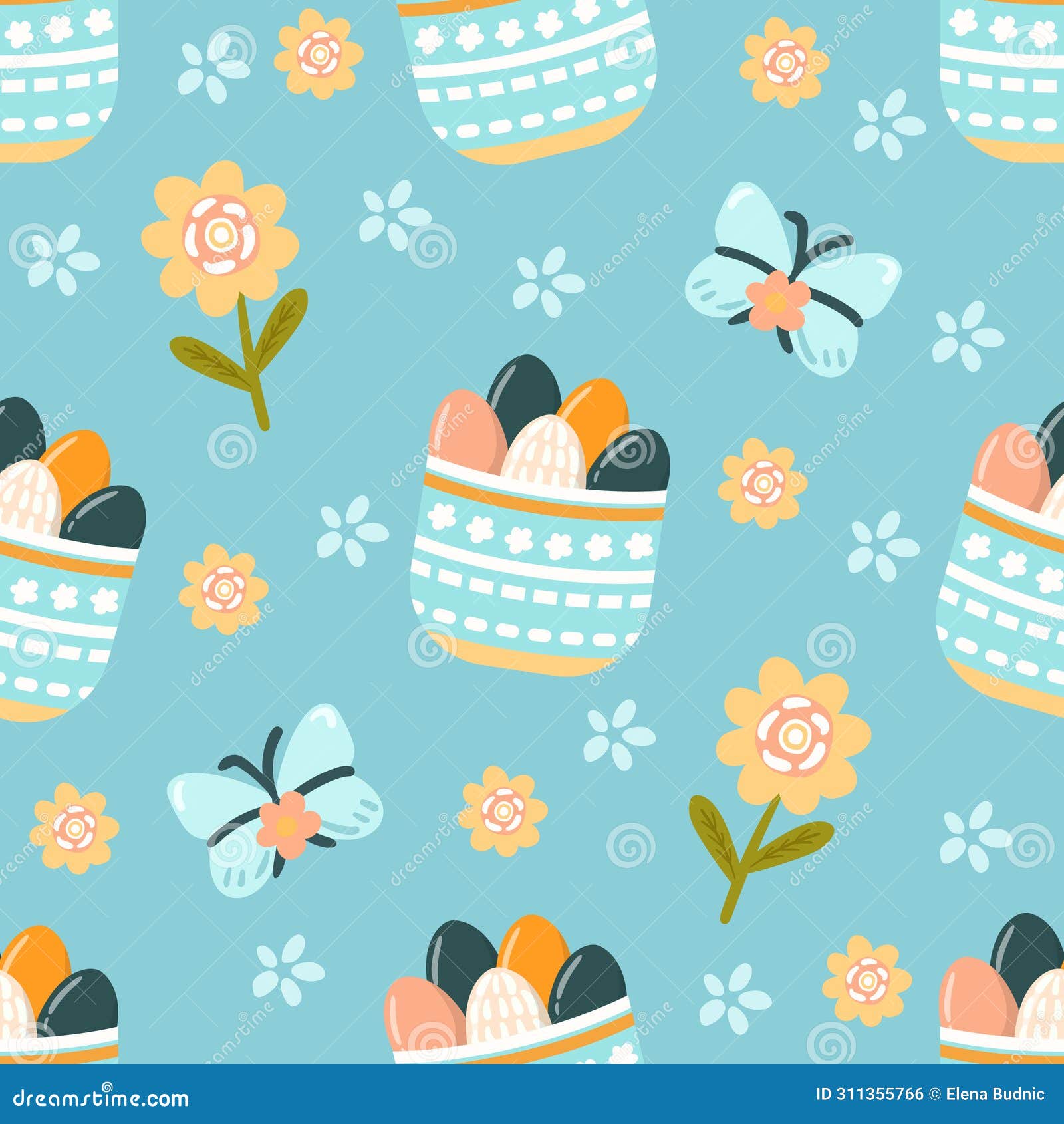 Seamless Pattern Easter with Flowers Cartoons Easter Basket Stock ...