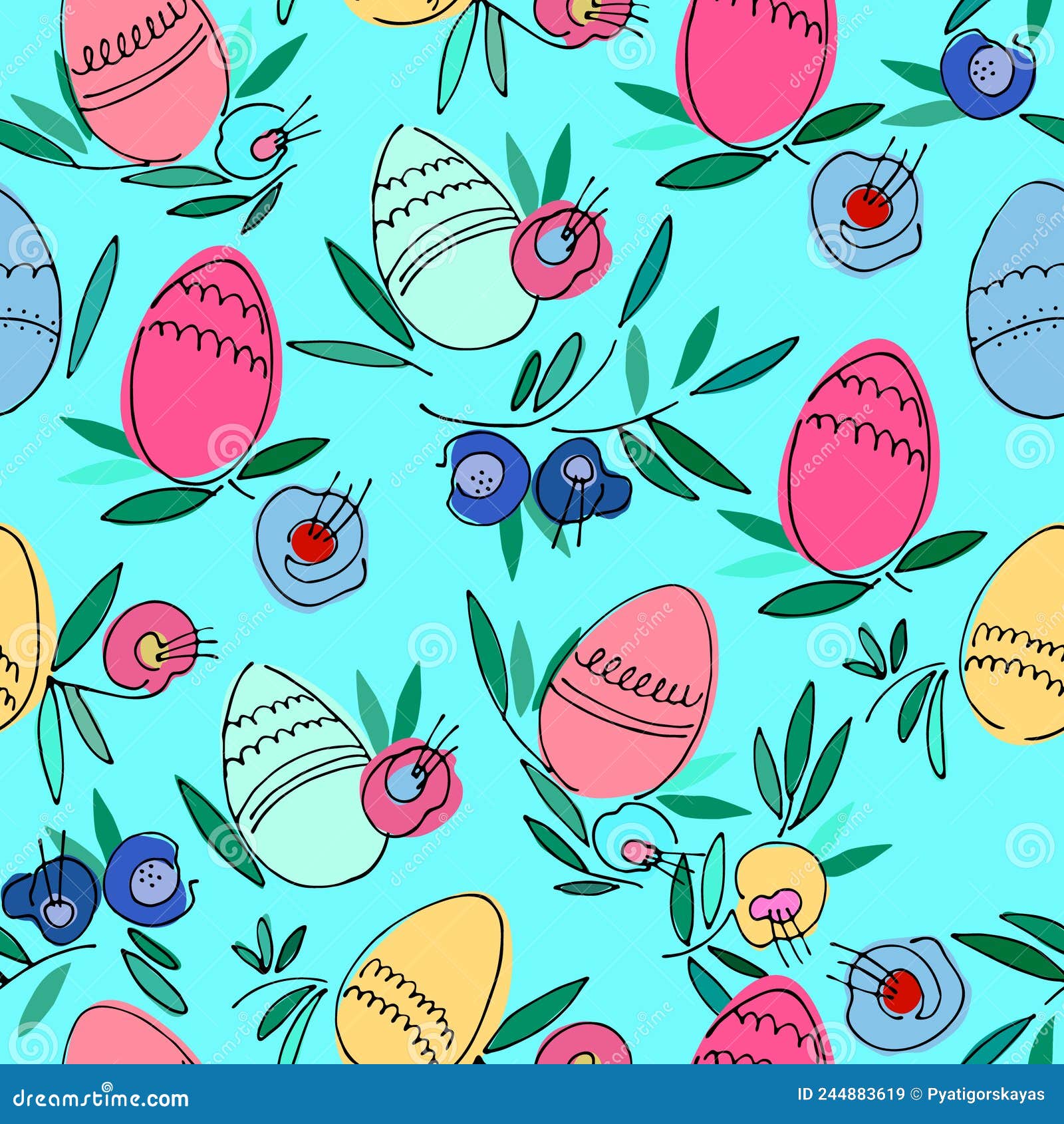 Seamless Pattern on Easter Theme with Colored Eggs, Flowers, Leaves ...