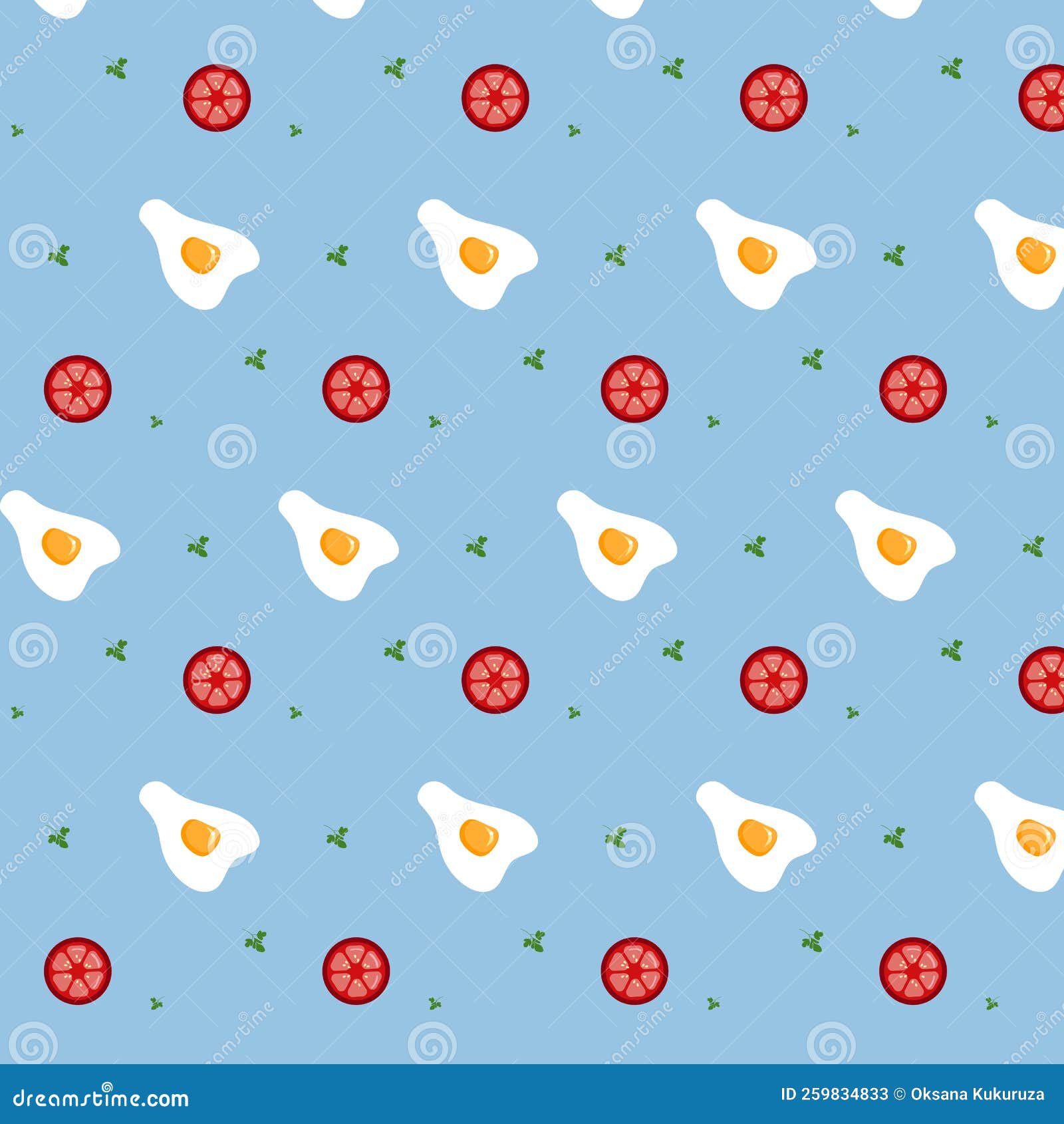 Seamless Pattern with Eggs and Tomatoes. Breakfast Wallpaper on Blue ...