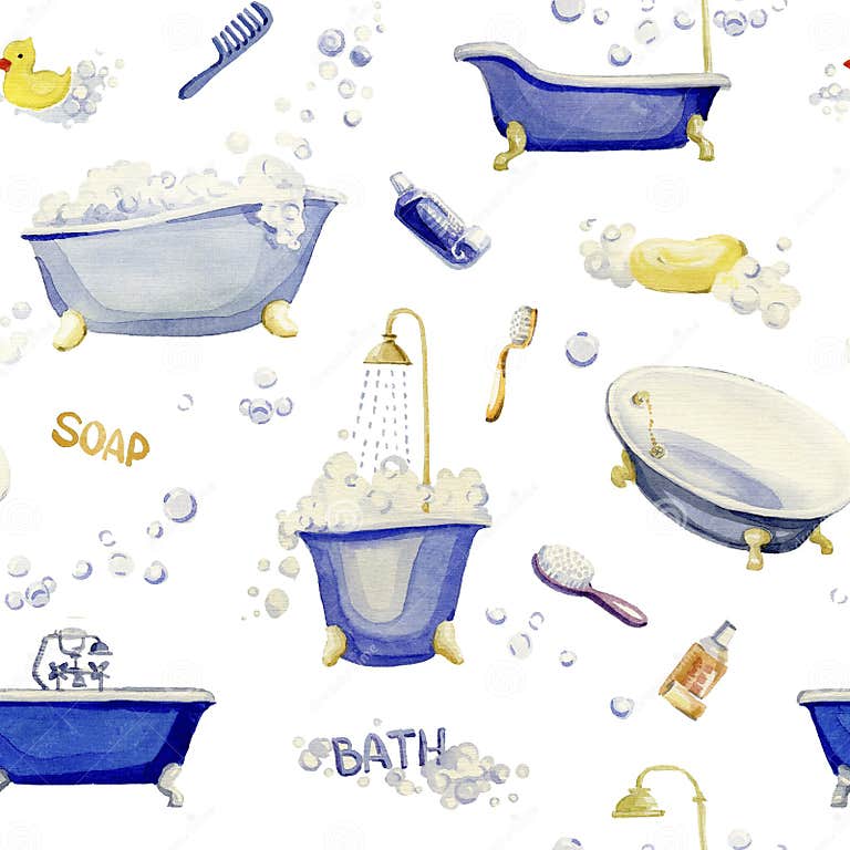 Seamless Pattern of Elements of an Interior Bathroom. Watercolor ...