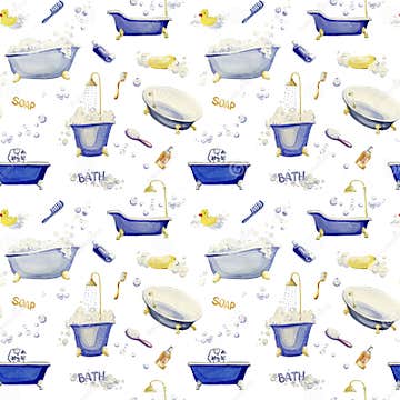 Seamless Pattern of Elements of an Interior Bathroom. Watercolor ...