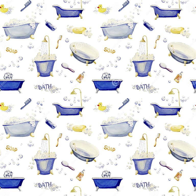 Seamless Pattern of Elements of an Interior Bathroom. Watercolor ...